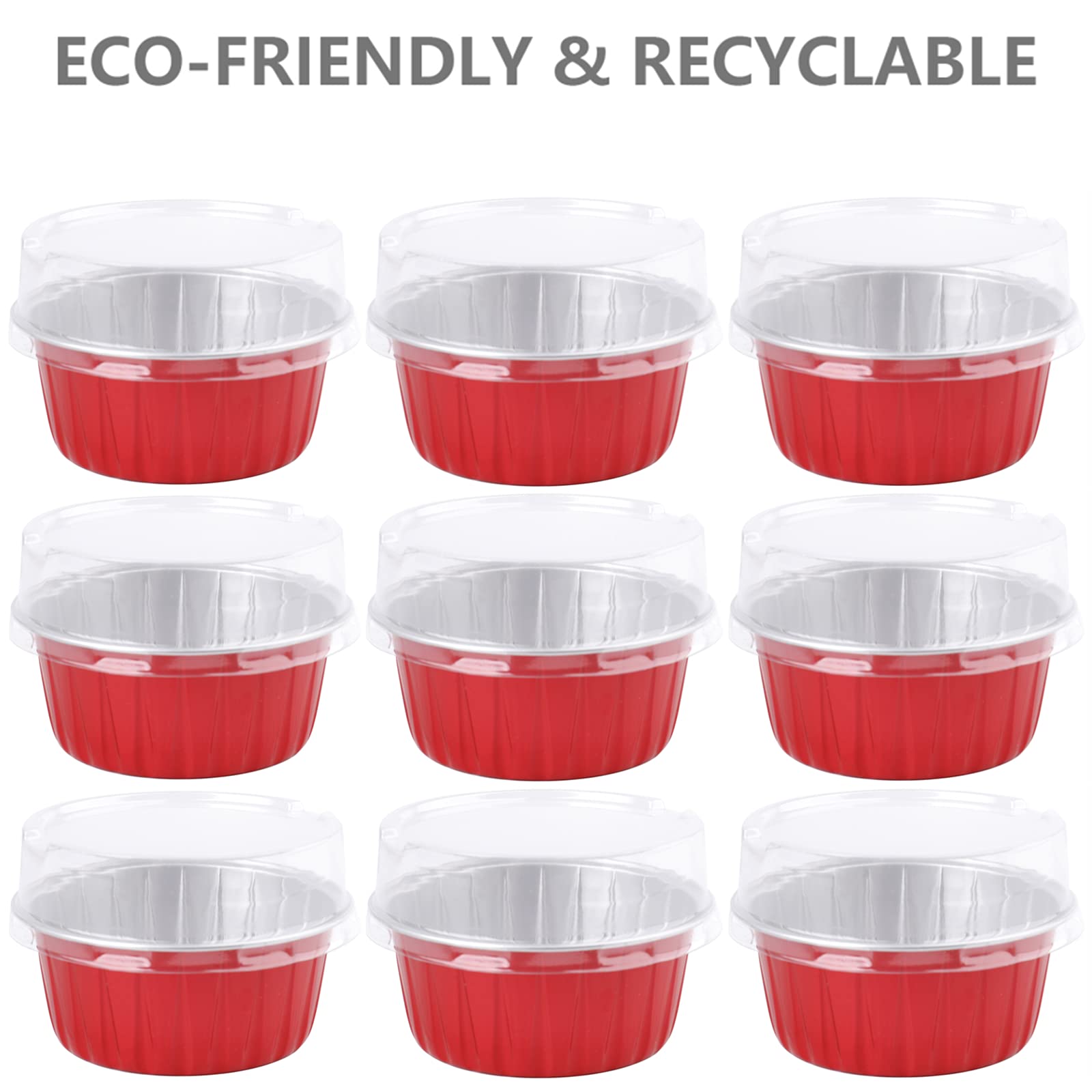 DEAYOU 100 Pack Aluminum Foil Ramekins with Lids, 5oz Muffin Cupcake Baking Liners Cups, 3" Round Disposable Recyclable Tart Pie Tin Pan Holder for Pudding, Party, Wedding, Oven Freezer Safe, Red