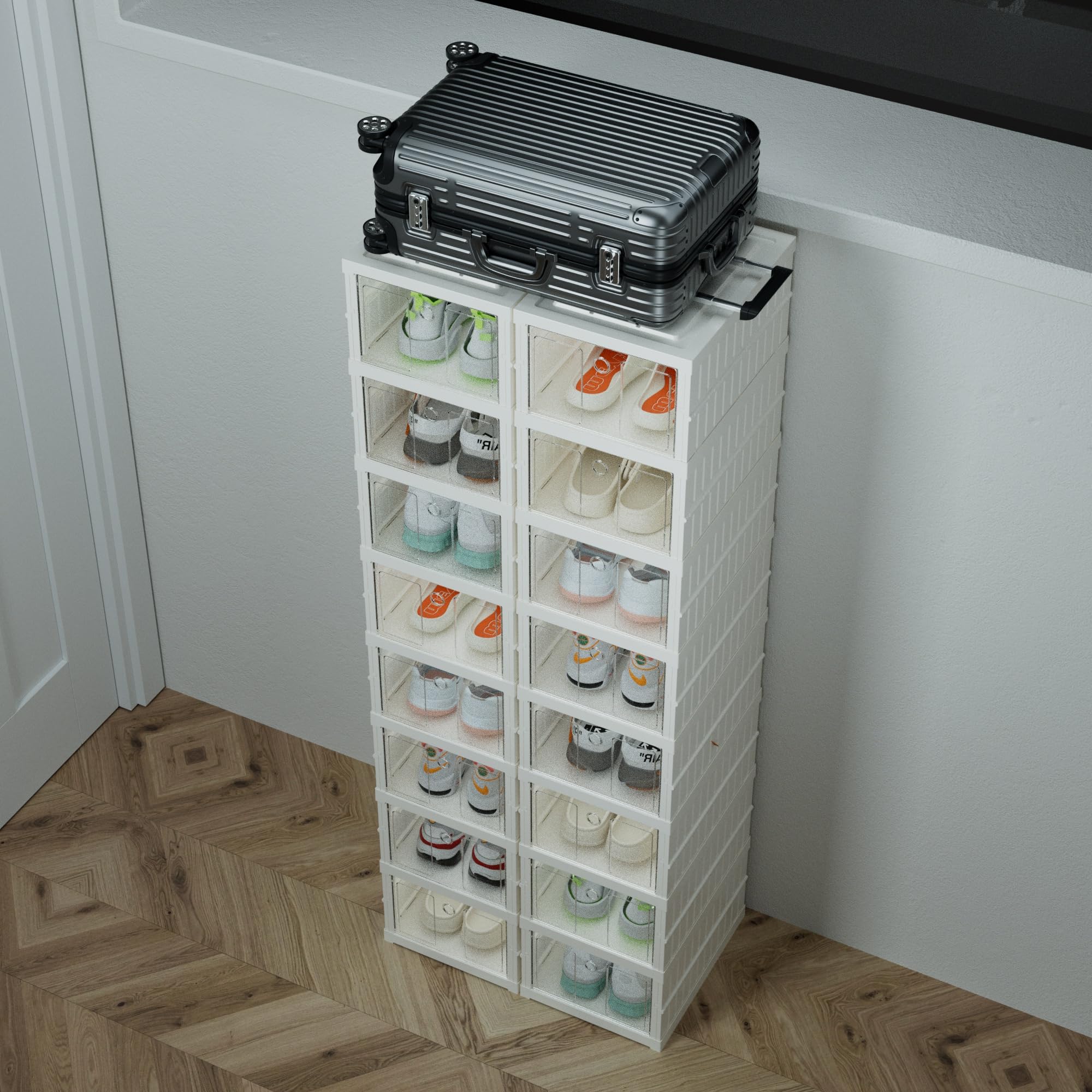 DY GMD Foldable Shoe Rack, Collapsible Plastic Shoe Organizer with Doors Sturdy Easy to Assemble for Closet,Shoe Storage Boxes -9 Tier(White Doors)