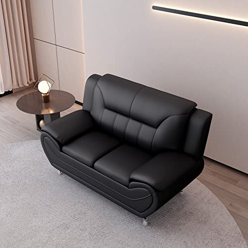Container Furniture Direct Michael Modern Faux Leather Upholstered Stainless Steel Legs Living Room Loveseat, Black