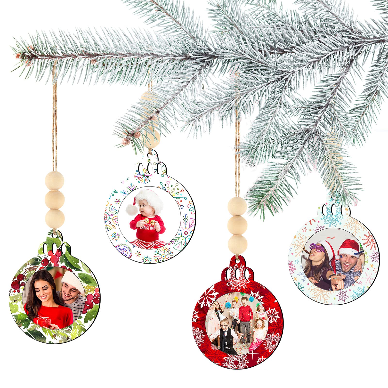 Blulu 24 Pcs Wooden Photo Frame Ornaments - Red Black Plaid Hanging Ornaments for Christmas Tree Stockings Decorations