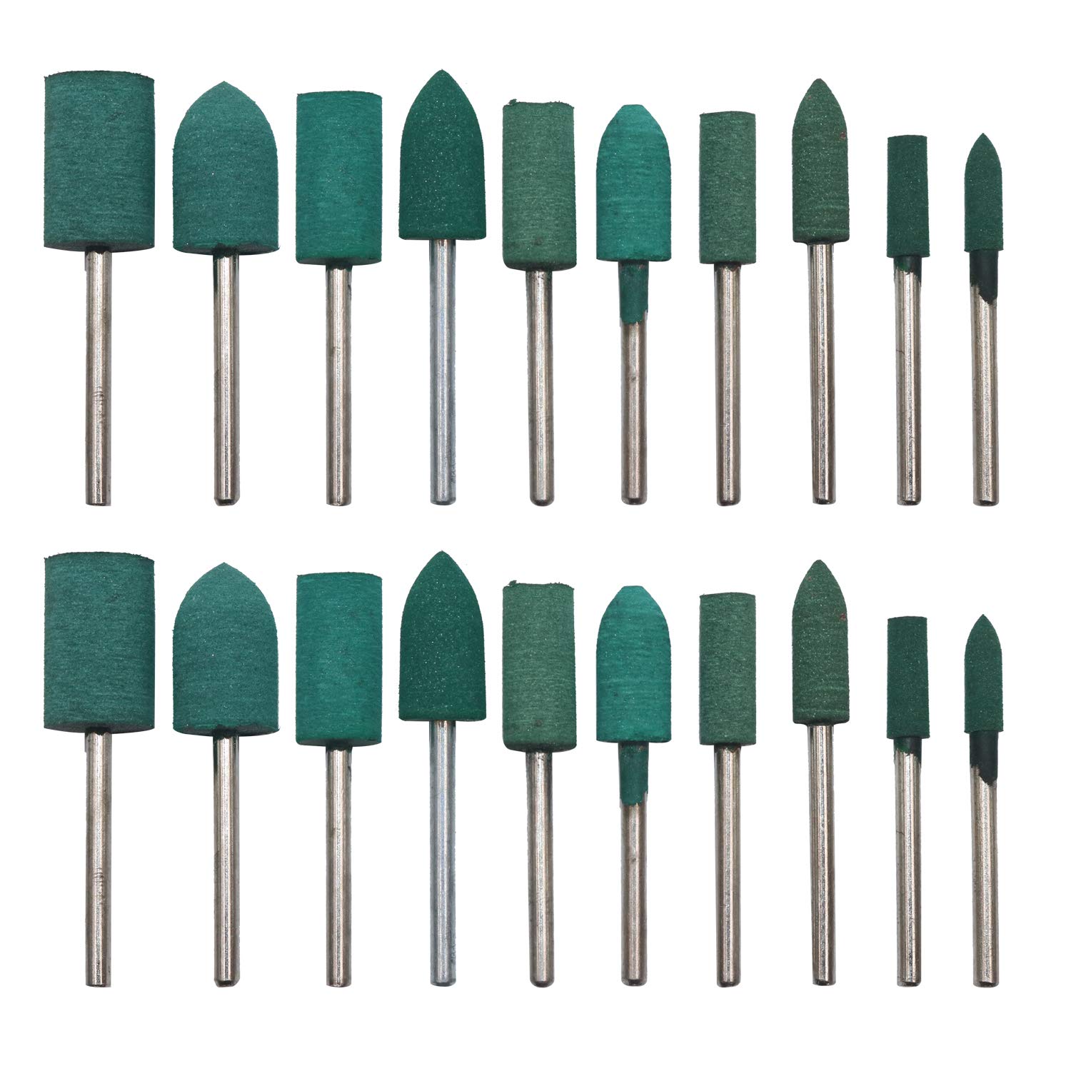 HEYMOUS Rubber Polishing Bits Polishing Drill Bit Green Buffer Abrasive Bits Metal Polish Tips Rotary Tool Accessories 3 mm Mandrel Bullet Cylinder Shape 20 Pieces (Green)