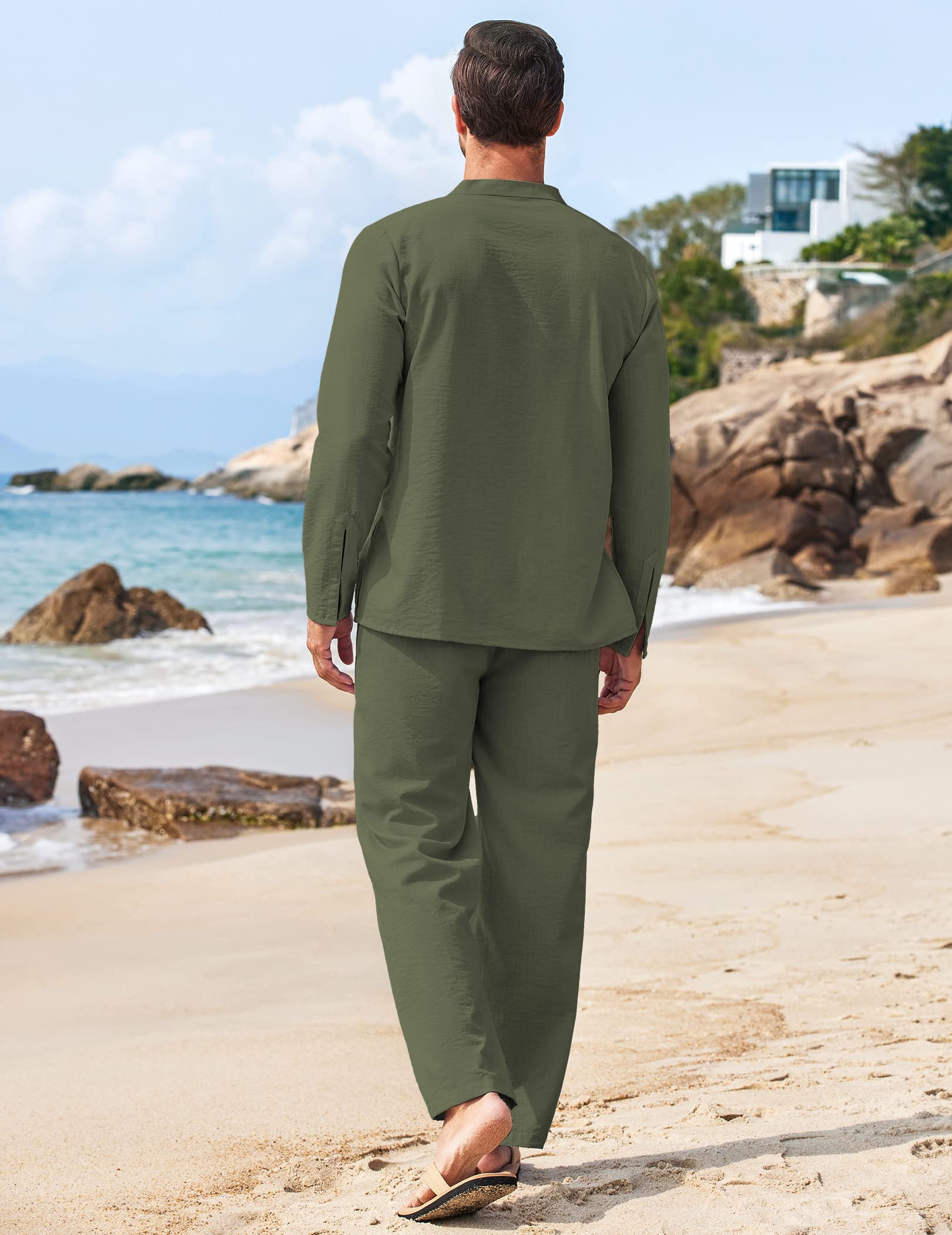 COOFANDY Men's 2 Piece Linen Sets Casual Long Sleeve Shirt and Loose Pants Set Beach Vacation Outfits, Army Green, Large