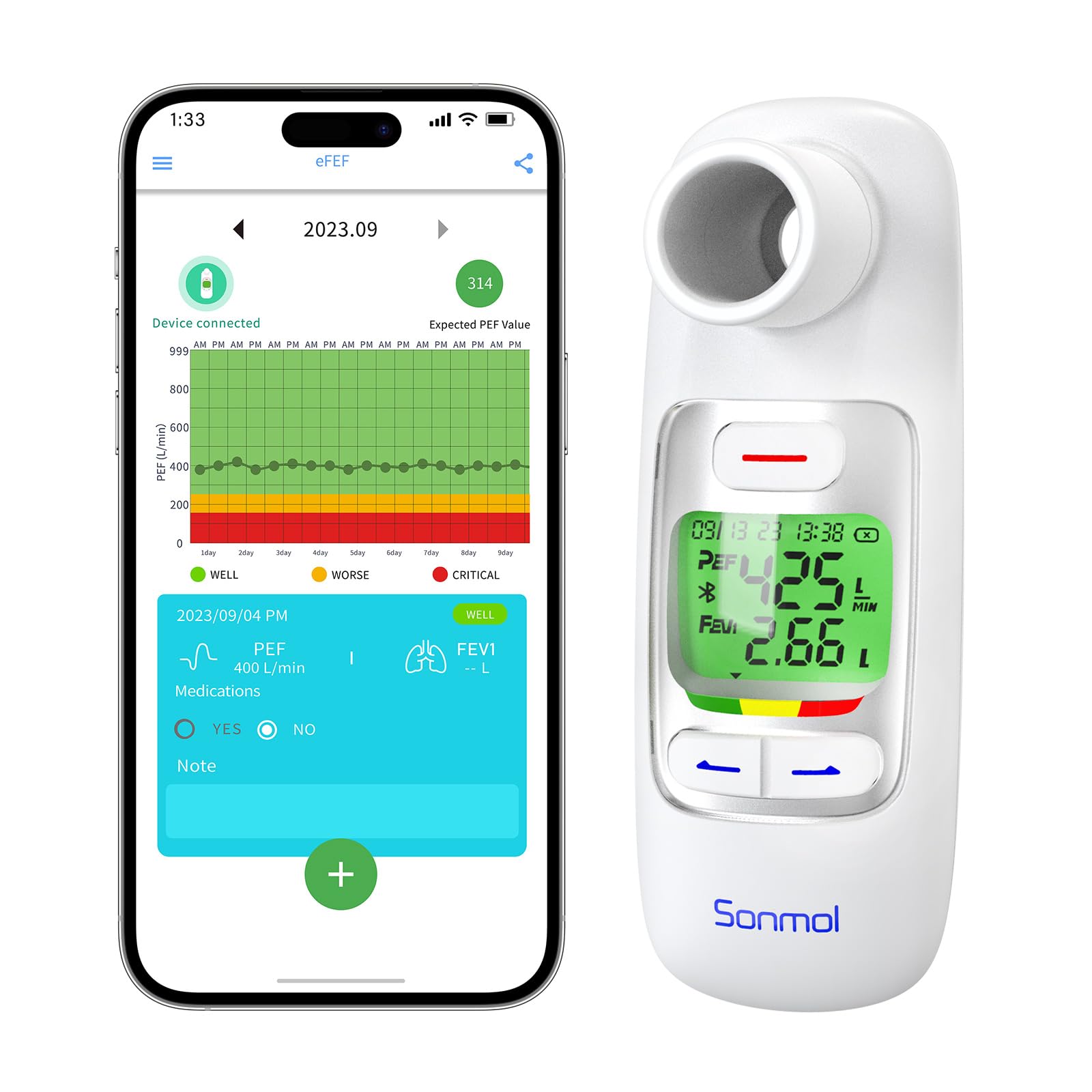 Upgraded Digital Peak Flow Meter for Asthma Adult, Kids w/Green LCD Display, Home Spirometer Testing Device with Bluetooth APP for Smart Asthma Monitoring with 300 Records Storage Function