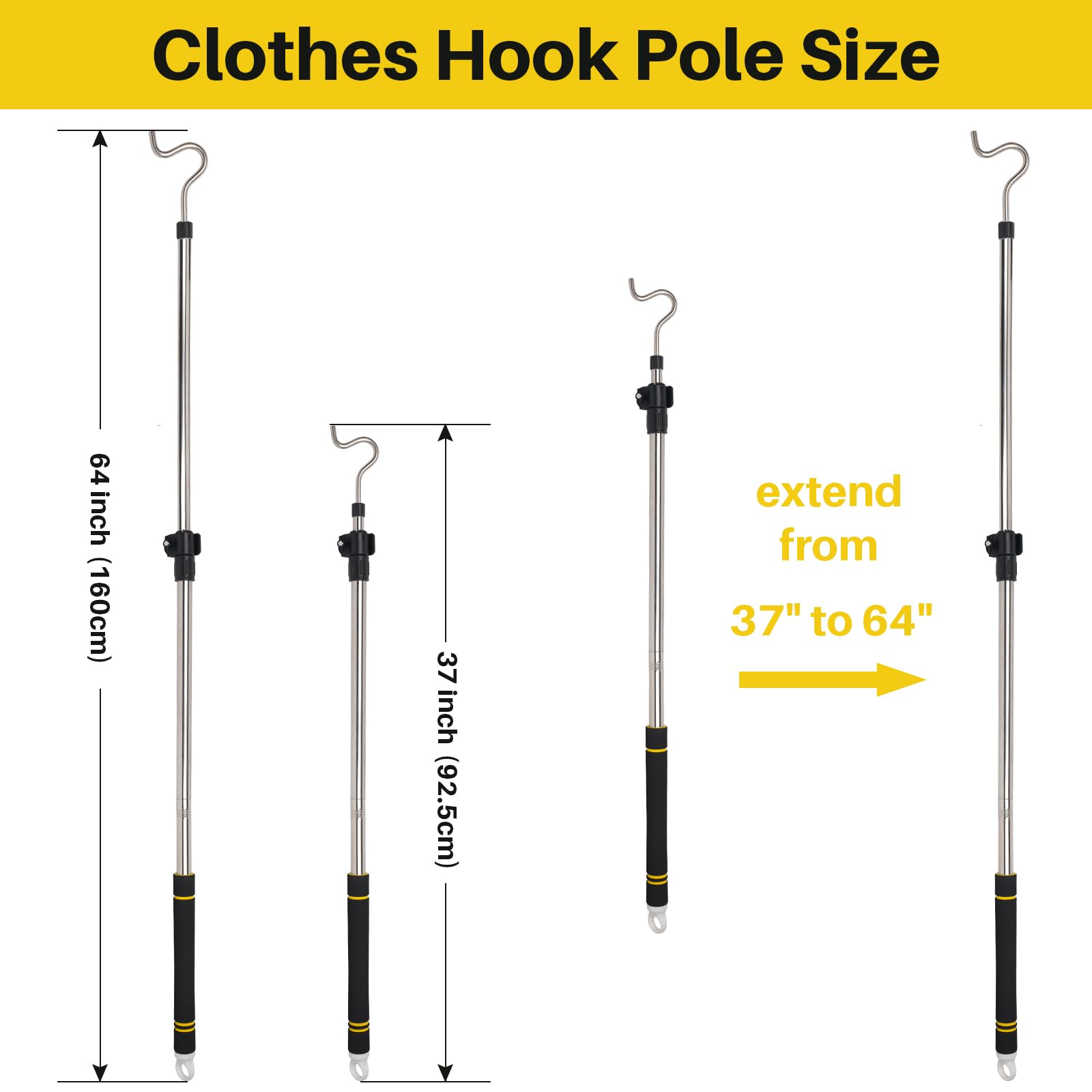 Frebuta Clothes Hook Pole, 36" to 65" Long Pole with Hook with Sponge Long Handle Telescoping Pole Stainless Steel Tube S Hook Closet for Reaching Extending Rod Lightweight Hang High Area Top