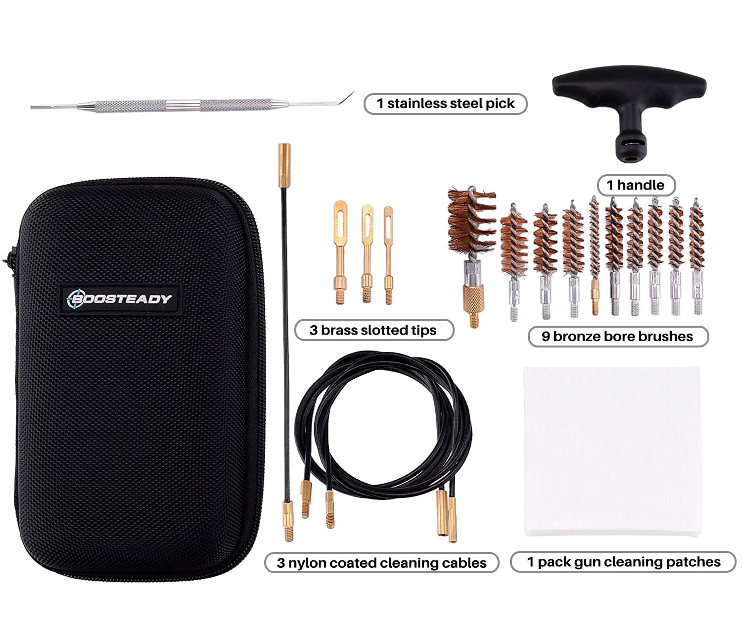BOOSTEADY Gun Cleaning Kit .17 .22/.223/5.56MM .243 .280 .30 .357/9MM .40 .45 12GA Multi-Caliber Phosphor Bristle Bore Brushes with Flexible Threaded Bore Cleaning Coated Cables in Zippered Case