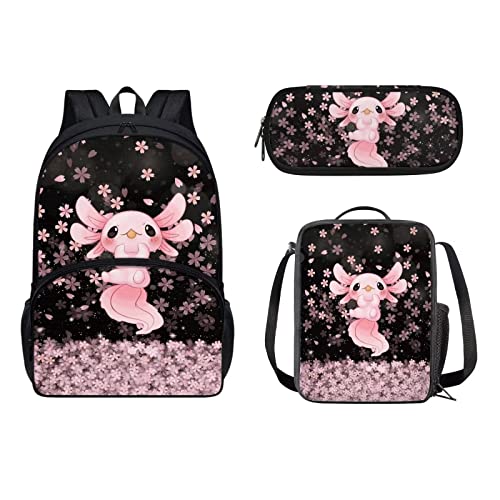Glomenade Pink Axolotl Sakura School Backpacks Back to School Cherry Blossom Shoulder Bookbags Lightweight Casual Travel Daypack Picnic Bag Portable Schoolbags Pencil Pen Case