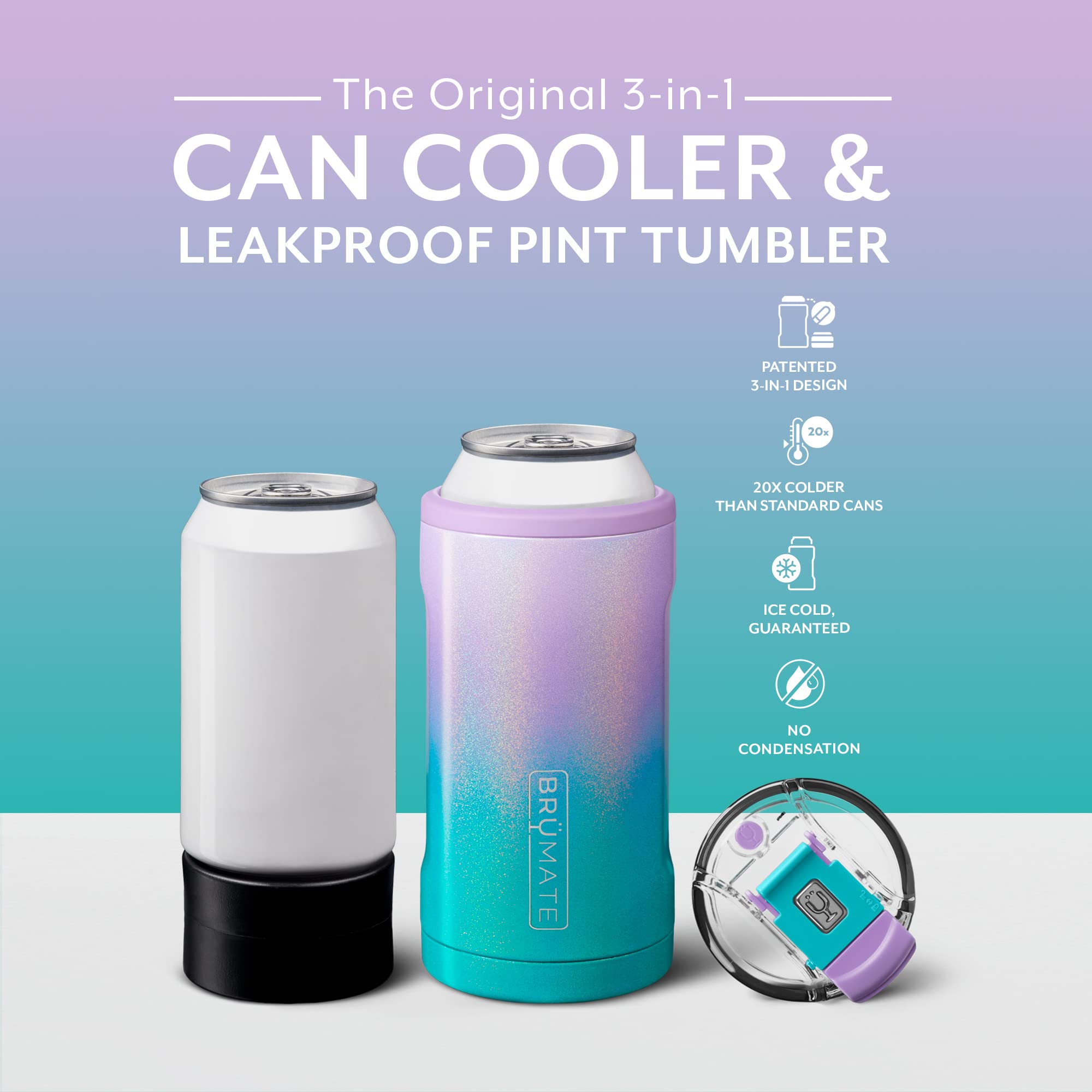 BrüMate Hopsulator Trio 3-in-1 Insulated Can Cooler for 12oz / 16oz Cans + 100% Leak Proof Tumbler with Lid | Insulated for Beer, Soda, and Energy Drinks (Glitter Mermaid)