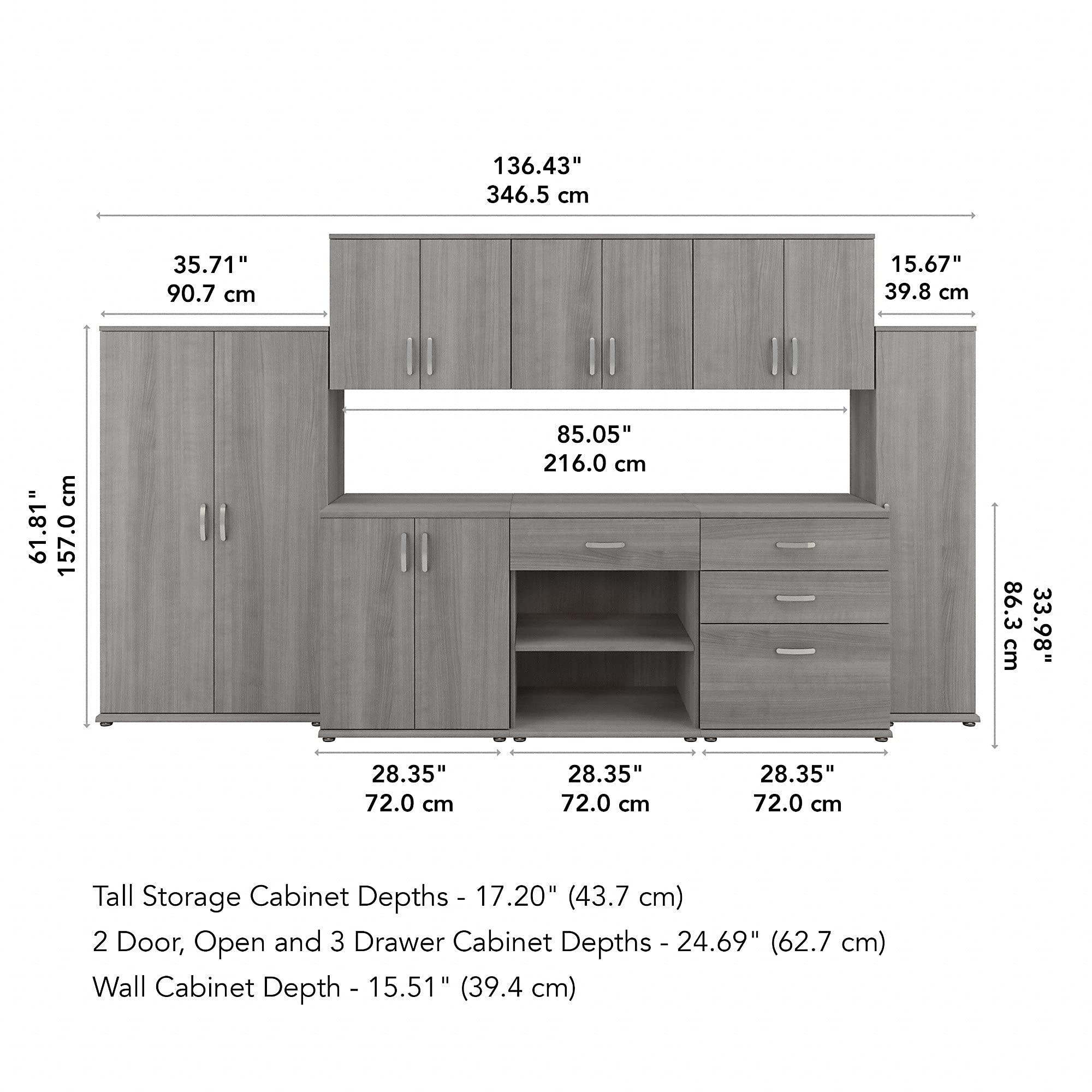 Bush Business Furniture Universal 8 Piece Modular Closet Storage Set with Floor and Wall Cabinets, Platinum Gray