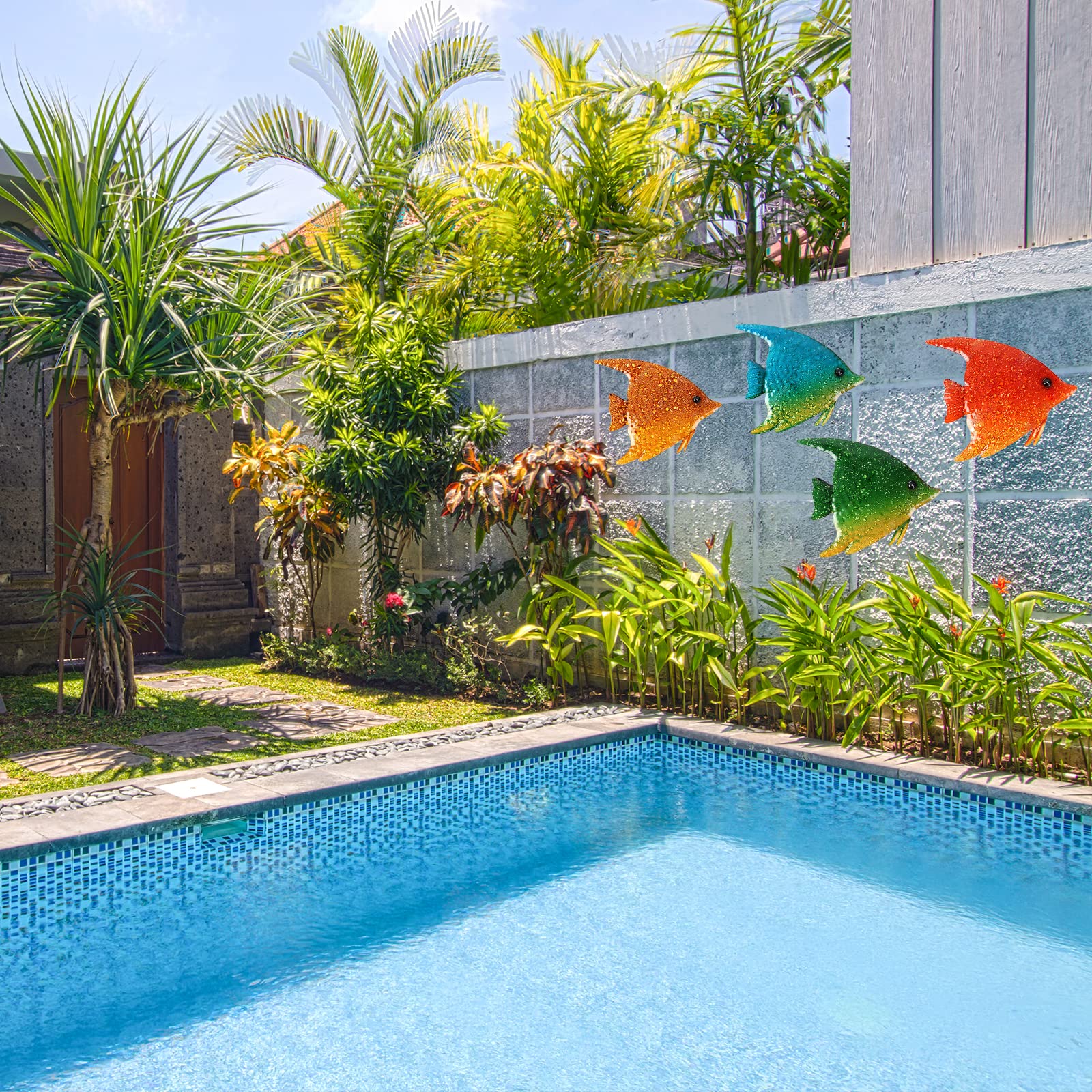 Cruis Cuka Outdoor Metal Wall Art Cute Fish Fence Decorations for Backyard Wall Decor Outside Lawn Ornaments - Set of 4