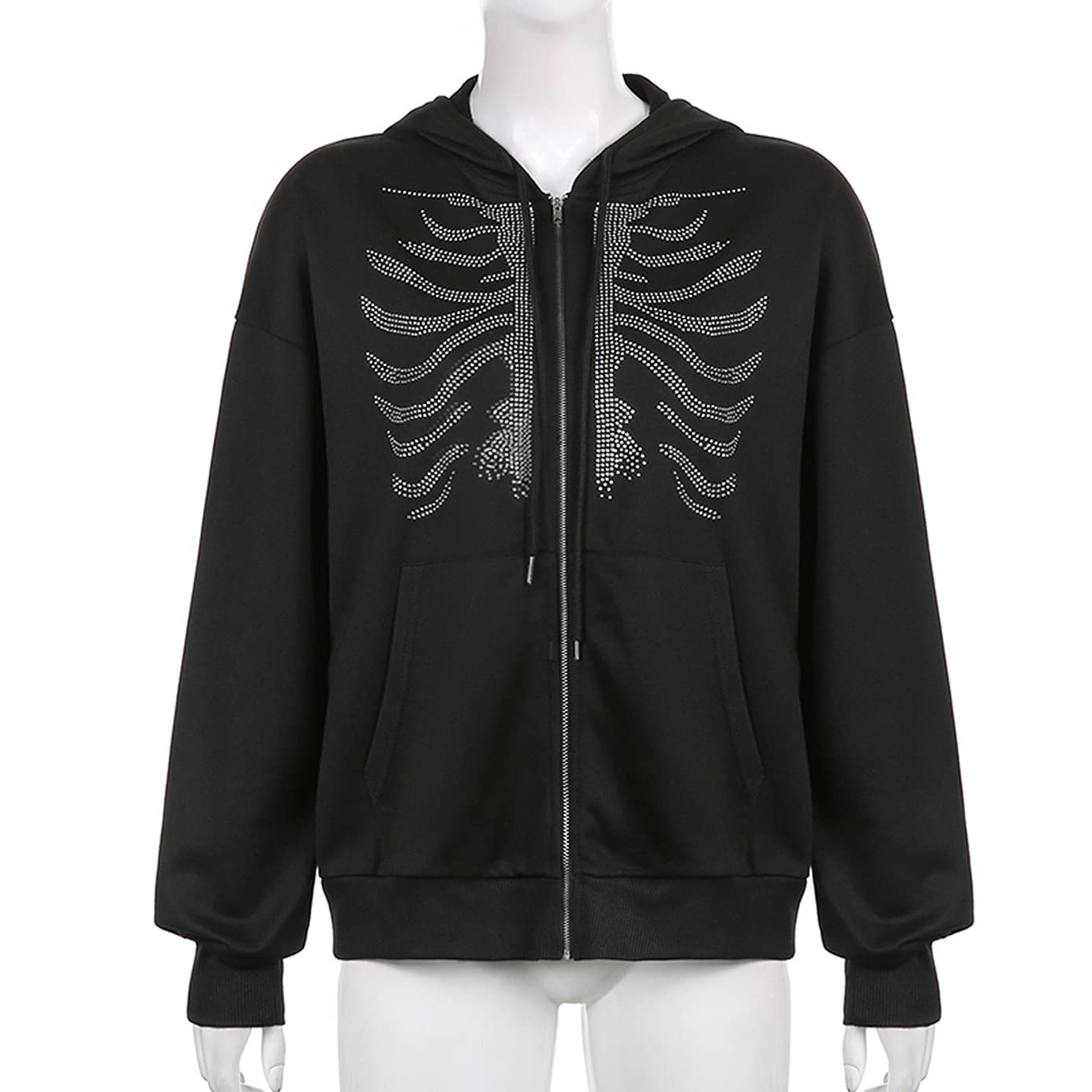 BSUNSOMEM Halloween Skeleton Print Oversized Zip Up Hoodie Sweatshirt for Women Teen Girls Y2k Gothic Harajuku Pullover(Black 4,Small)