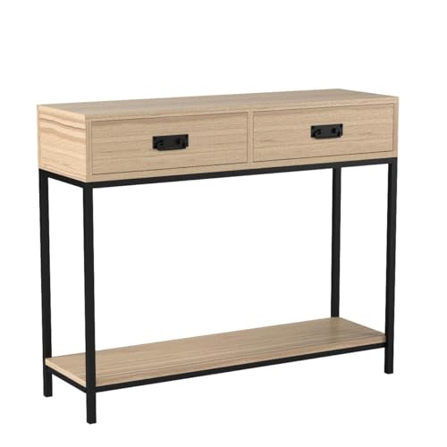 roomfitters Oak Wood Console Table with 2 Drawers, Hallway Foyer Table with Storage Shelves, Narrow Long Sofa Table, Side Table for Living Room, Hallway, Black Metal Frame, Rustic Brown
