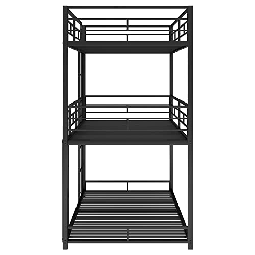 GLORHOME Twin Size Metal Triple Bunk Bed with 2 Front Ladders for Kids Adults, No Box Spring Required, Black