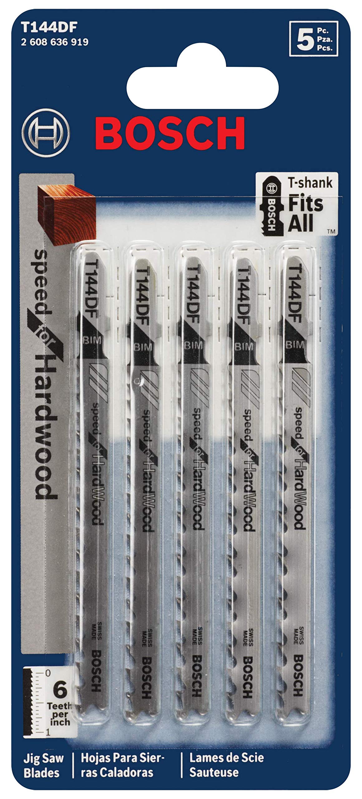 BOSCH T144DF 5-Piece 4 In. 6 TPI Speed for Hardwood T-Shank Jig Saw Blades
