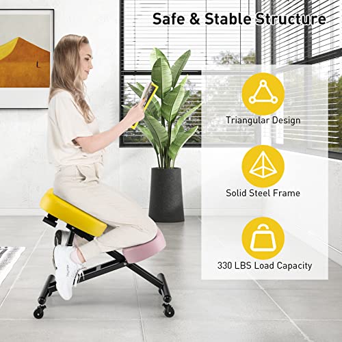 Giantex Height Adjustable Kneeling Chair - Seat Height from 20.5β to 26.5β, Adjustable Stool with Smooth Wheels, Foam Padded Cushions, Ergonomic Kneeling Chair for Office, Home, Yellow/Pink