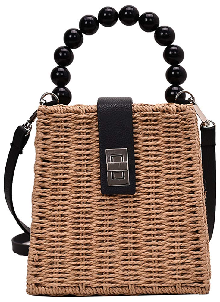 QZUnique Straw Bucket Bags for Women Top Handle Drawstring Woven Handbag Shoulder Bag Summer Beach Purses with Bamboo Handle