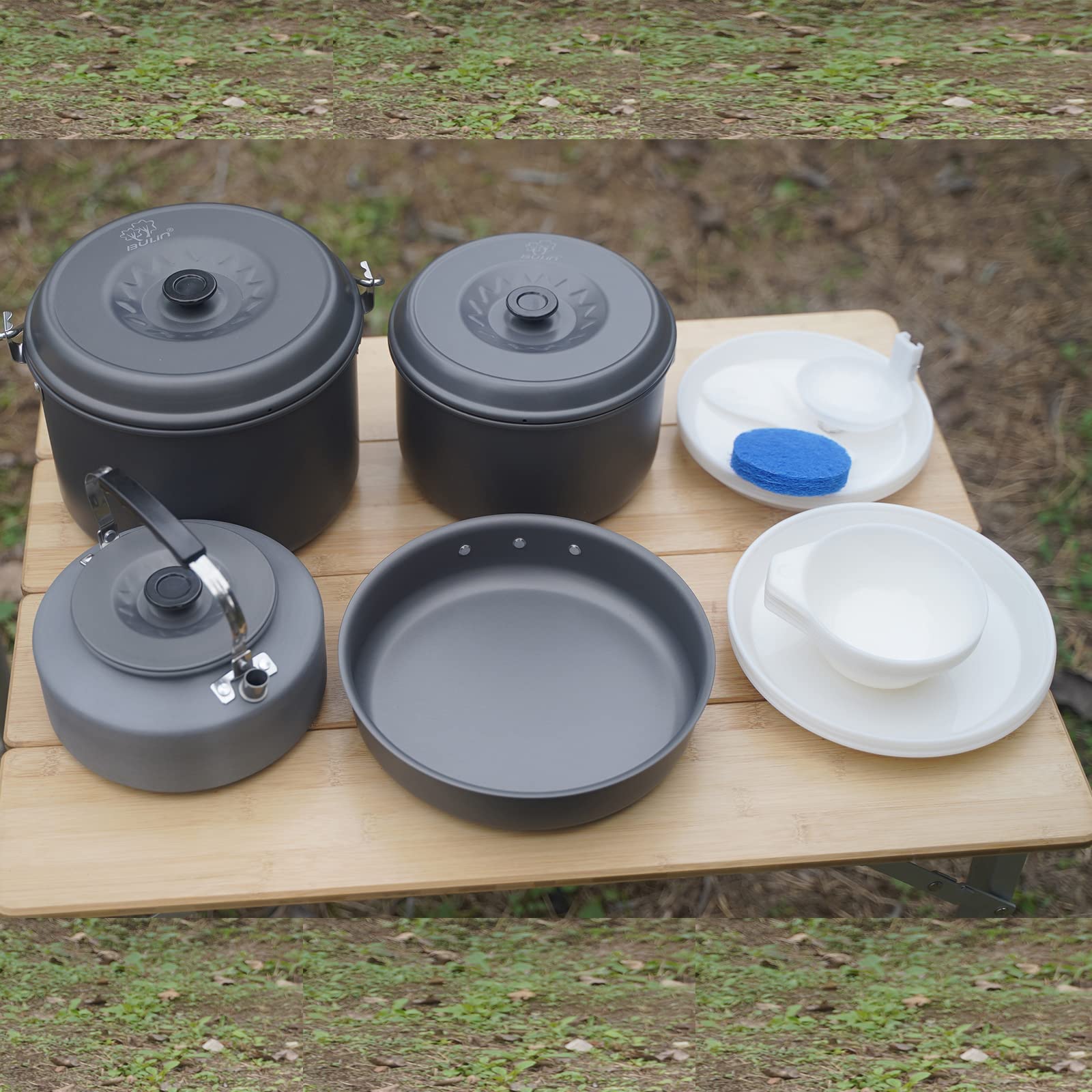 Bulin 13Pcs Camping Cookware Mess Kit, Nonstick Backpacking Cooking Set, Outdoor Cook Gear for Family Hiking, Picnic Lightweight Cookware Sets(Kettle, Pots, Frying Pan, BPA-Free Bowls, Plates, Spoon)