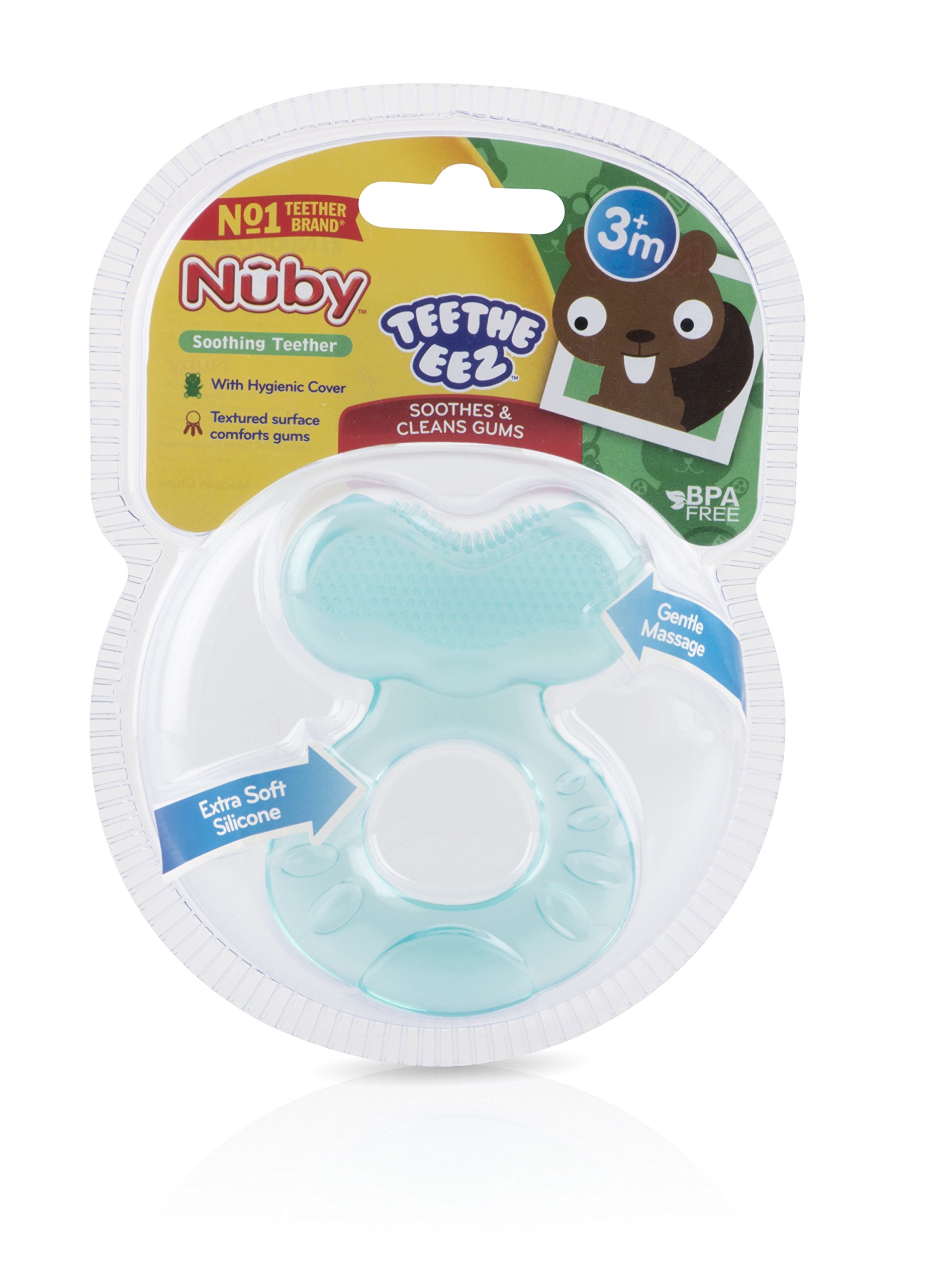 Nuby Silicone Teethe-eez Teether with Bristles, Includes Hygienic Case, Aqua