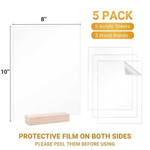 TLunlove Clear Acrylic Sheet with Wood Stand, 8 x 10 inch, 5 Pack Acrylic Wedding Signs Blank with Holder, DIY Acrylic Table Signs, Scratch Resistant, Smooth Edges