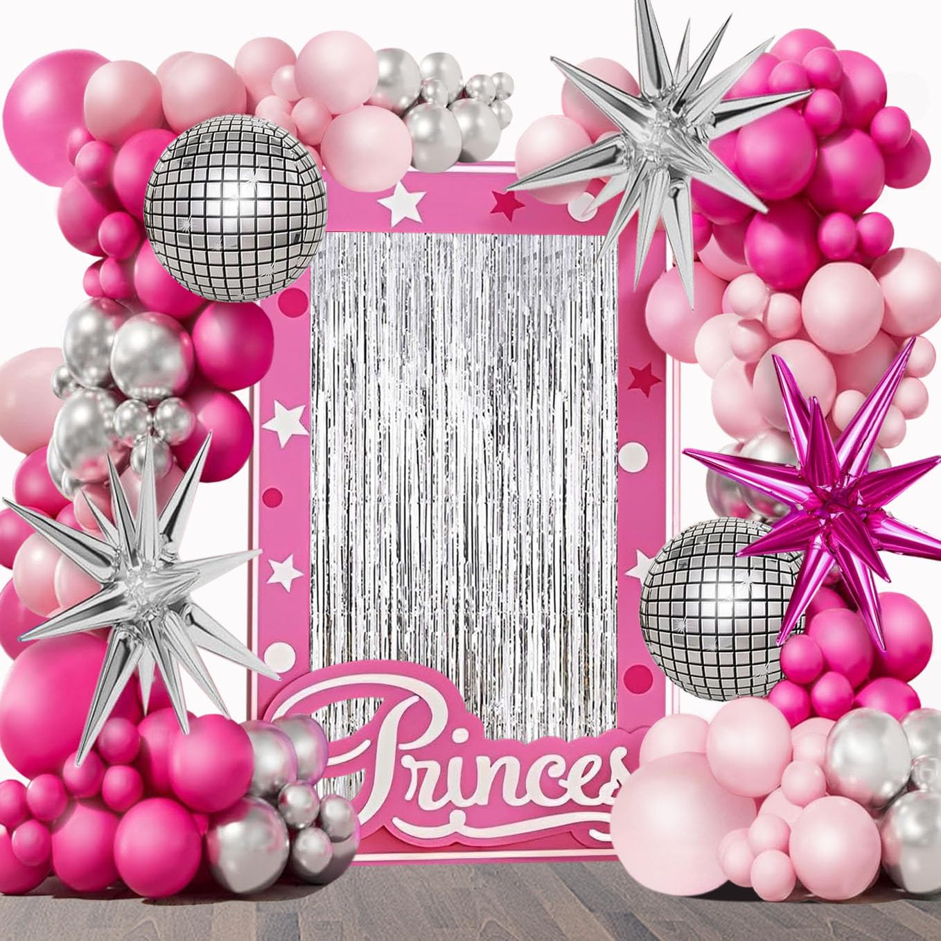 Hot Pink Silver Balloon Arch Kit, Silver Disco Ball Foil Curtains and Explosion Star Foil Balloon for Girl's 15/16/30th Birthday Princess 2024 Graduation Decorations