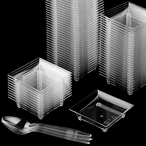 TOFLEN 100ct 1 oz Mini Dessert Plates with Tasting Spoons - Reusable Clear Plastic Square Party Serving Trays Mini Plates for Appetizers, Chocolates, Ice Cream, Fruit and More