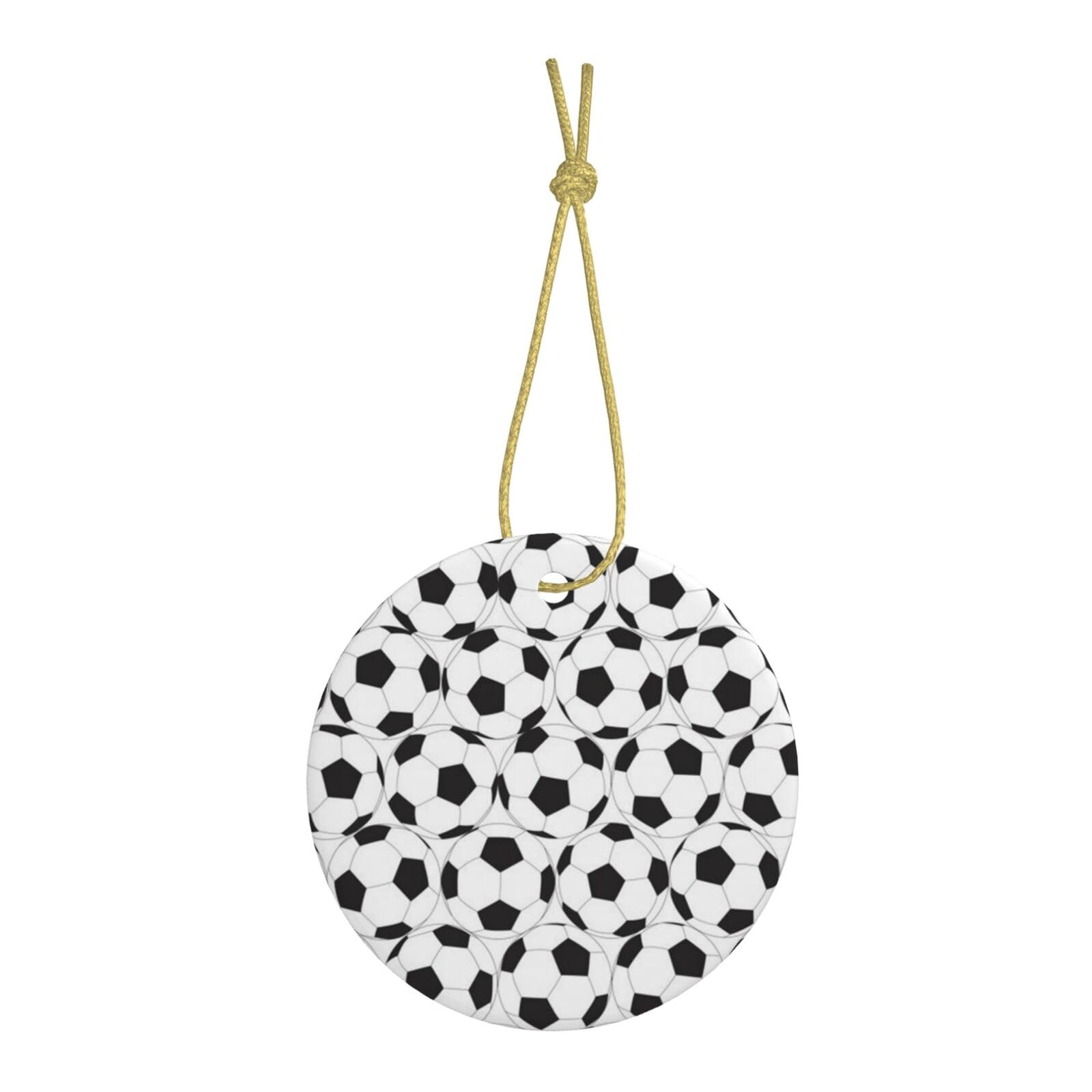 Black and White Soccer Ball Pattern Print Christmas Tree Ceramic Hanging Round Shaped Xmas Tree Pendants Gatherings Party Deco