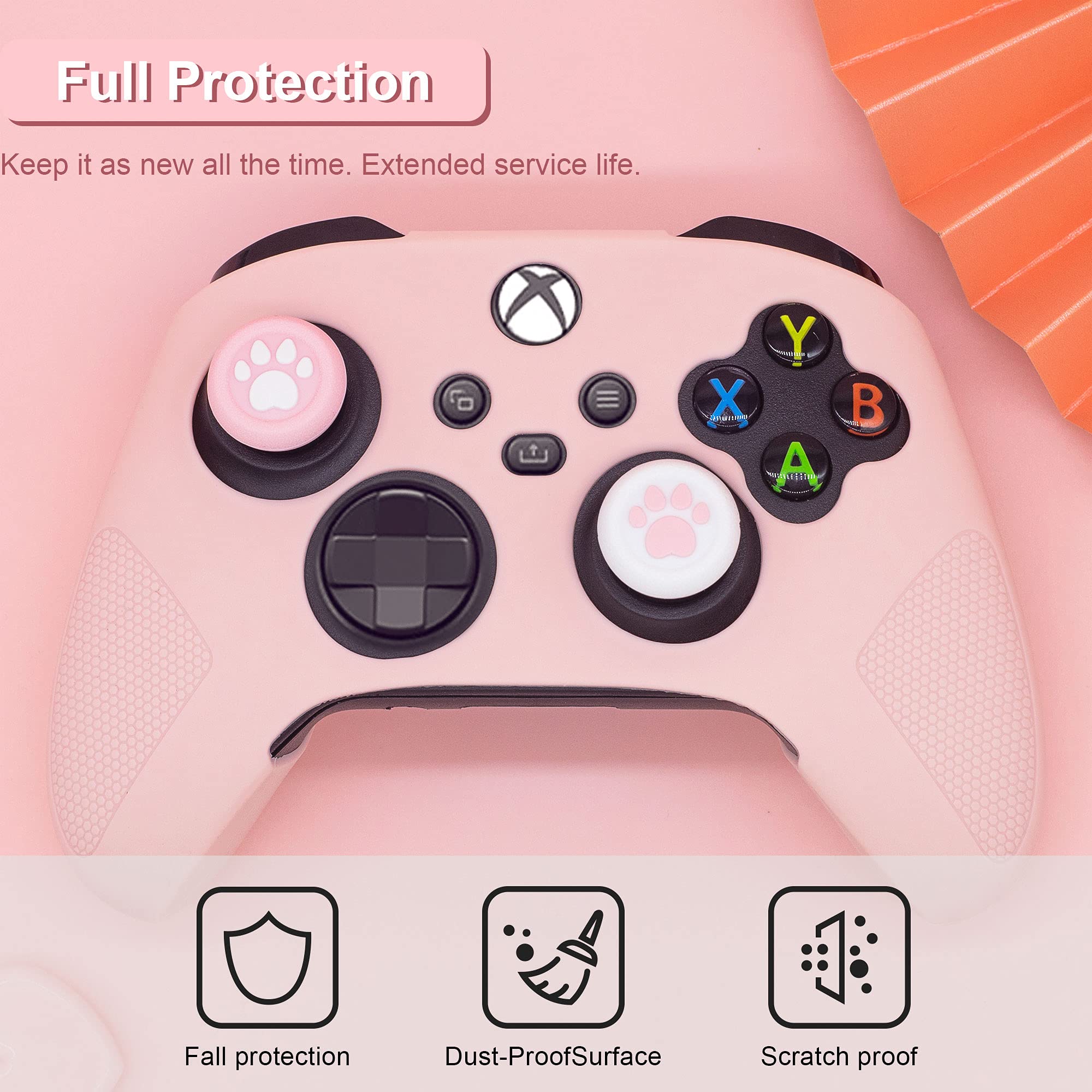BRHE Cute Skin Cover for Xbox One / Series X/S Controller Anti-Slip Silicone Grip Protective Case Accessories Set Wireless/Wired Gamepad Joystick with 2 Cat Paw Thumb Grips Caps (Pink)