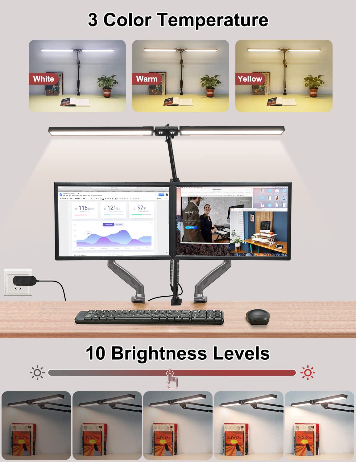 BRISON Double Head LED Desk Lamp, 24W for Home Office with 160 LED Beads, Swivel Arm Architect Desk Light with Clamp, 3 Lighting 10 Brightness, Adjustable Table Light for Read/Monitor/Work