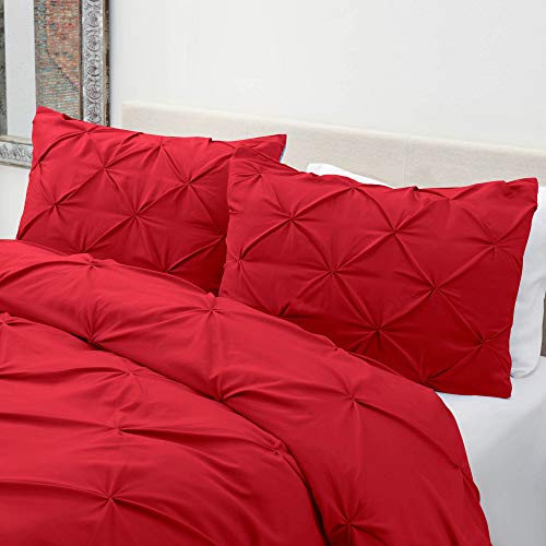 Luxury 3 Piece Pinch Pleated Duvet Cover Set - Ultra Soft, Lightweight, Breathable Microfiber Bedding for Cool, Comfortable Sleep, Pintuck Decorative Comforter Cover, Queen, Cherry Red