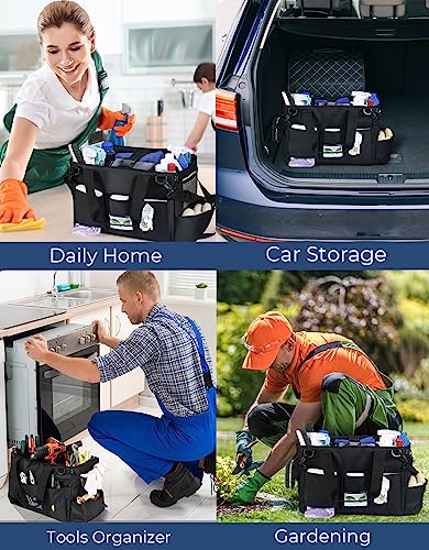 F40C4TMP Double Leaves Large Wearable Cleaning Caddy Bags for Housekeepers, Cleaning Supplies Organizer, Tools Tote with Handle for Housekeeping and Car Storage, Black