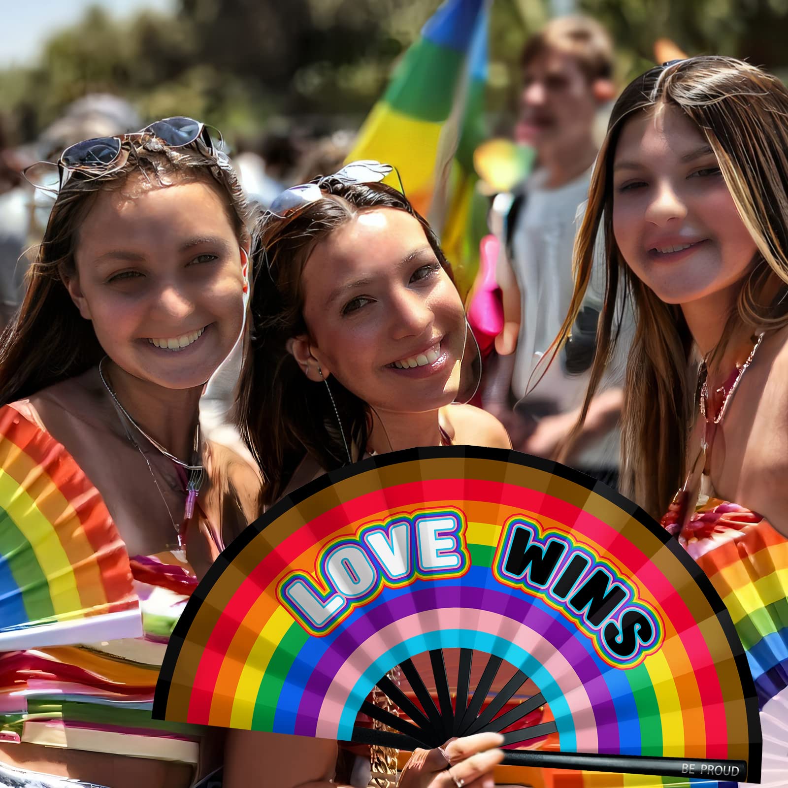 bmuvghi Rainbow Folding Fan Pride Hand Held Fan Gay Pride Stuff Large Clack Hand Fan Foldable Rave Fan for LGBTQIA+ Pride Parade Pride Accessories Stuff
