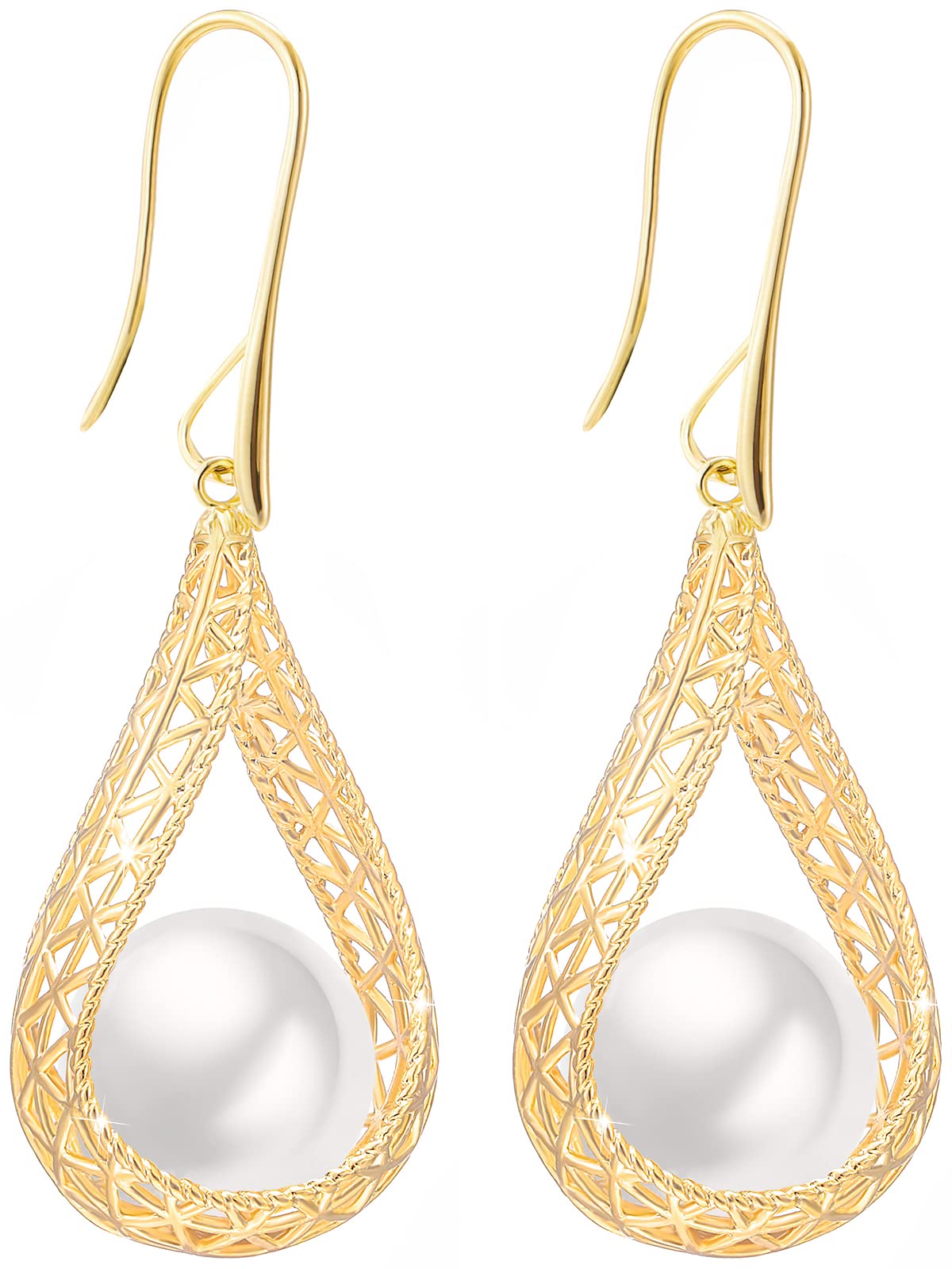 Big White Pearl Dangle Pierced Earrings for Women (White-14K Gold)