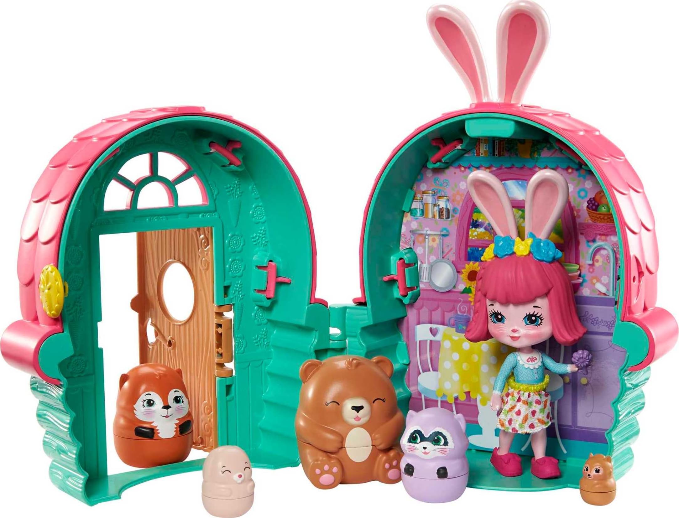 Mattel Enchantimals Secret Besties Cabin Playset with Small Doll House, Bree Bunny Doll (3.5-inch), 5 Nesting Animal Figures & Accessory, Harvest Hills Toy Collection