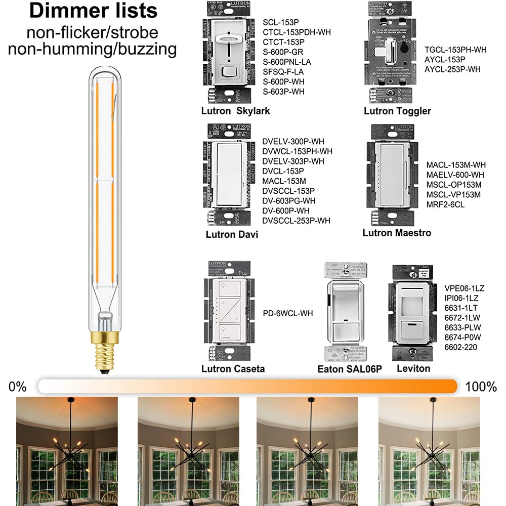 E12 Long Tubular Light Bulbs,6W Led Edison Bulbs Soft White 3000K,750lm,7.3Inch,75Watt Candelabra Incandescent Bulbs Equivalent Vintage LED Filament Edison Candle Bulbs,6Pack.