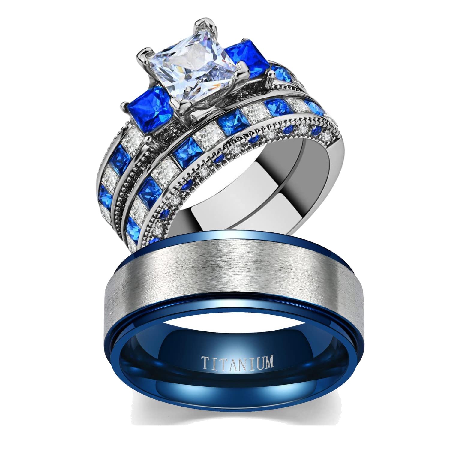 Bridal sets Wedding Ring Sets His And Hers Promise Ring Couples Bridal Sets Women 925 Sterling Silver Square Cz Man Titanium Wedding Bands