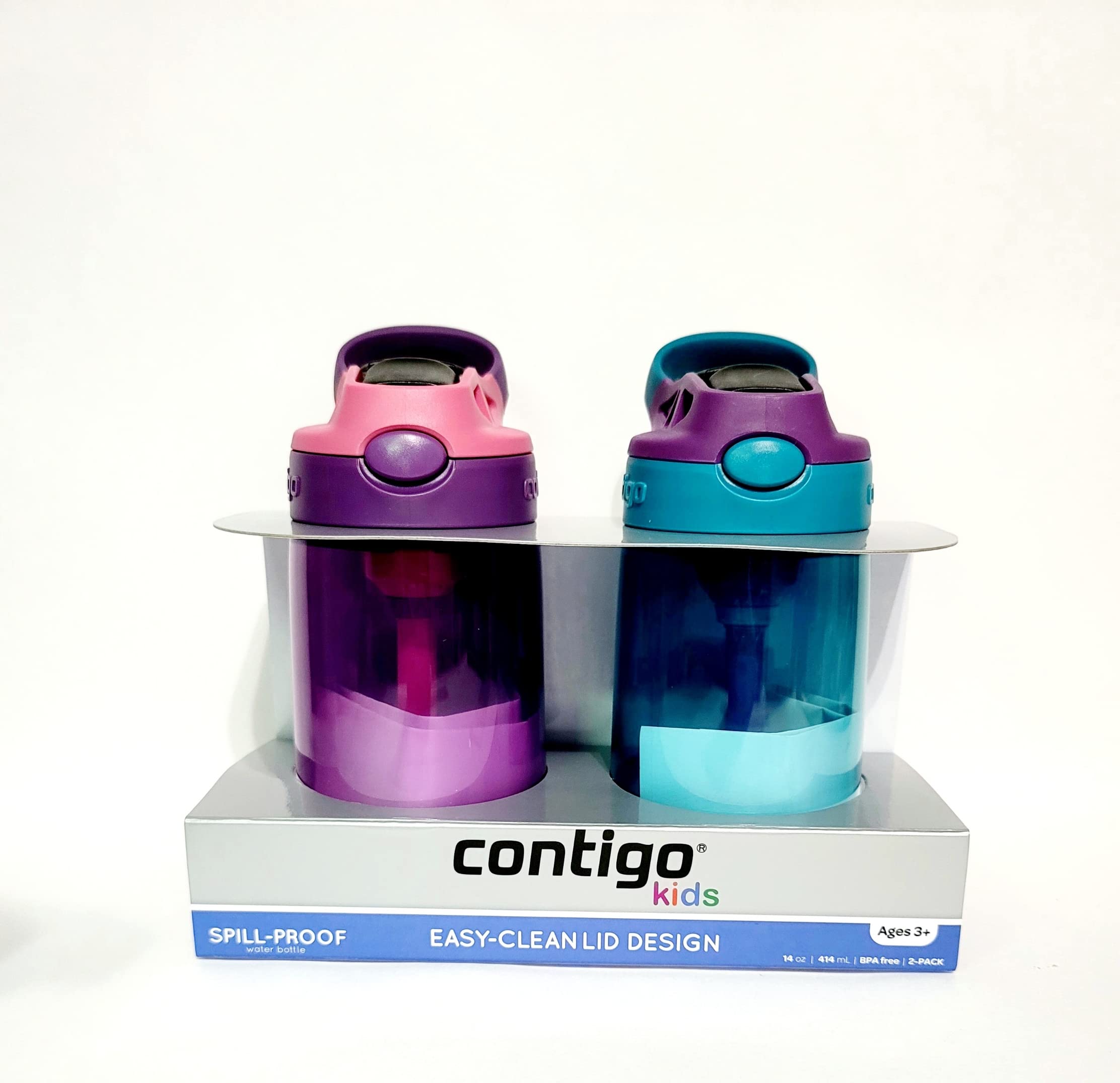 Contigo Kids Water Bottle, 14 oz with Autospout Technology – Spill Proof, Easy-Clean Lid Design – Ages 3 Plus, Top Rack Dishwasher Safe,2-PK Purple, Pink, Blue