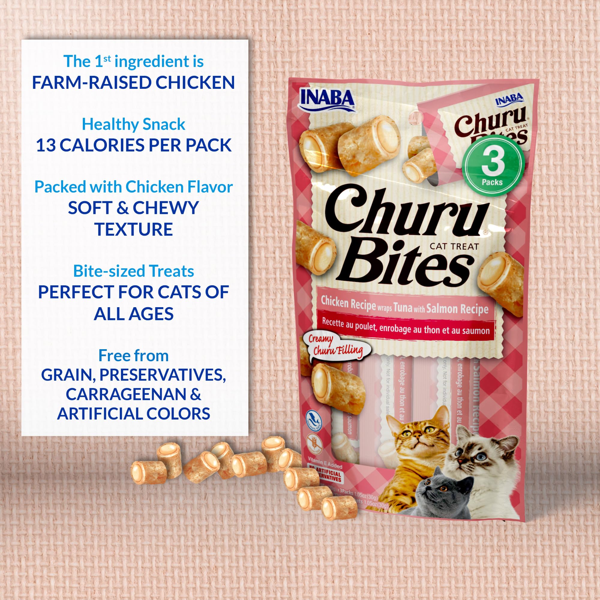 INABA Churu Bites for Cats, Soft Baked Chicken Churu Filled Cat Treats with Green Tea Extract, 0.35 Ounces Each Tube, 18 Tubes Total (3 per Pack), Tuna with Salmon Recipe