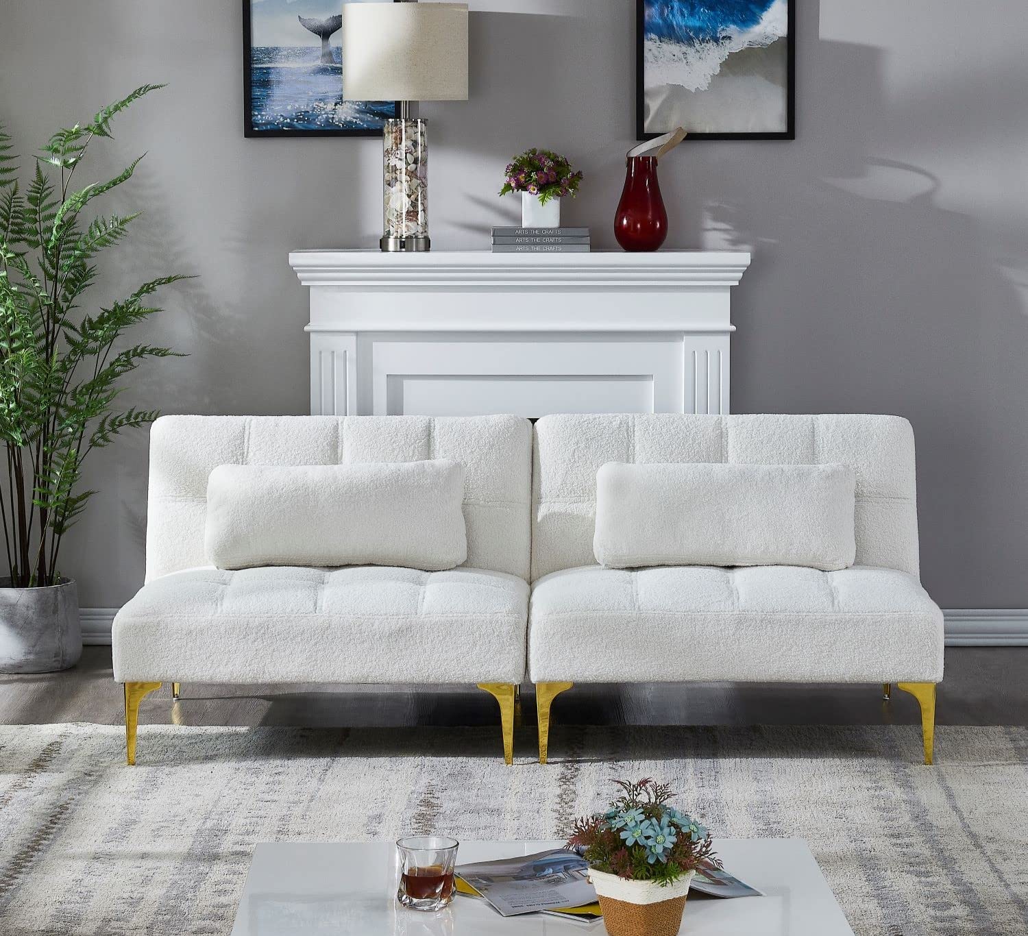 LKTART Convertible Sofa Bed futon with Gold Metal Legs for Living Room Office.White