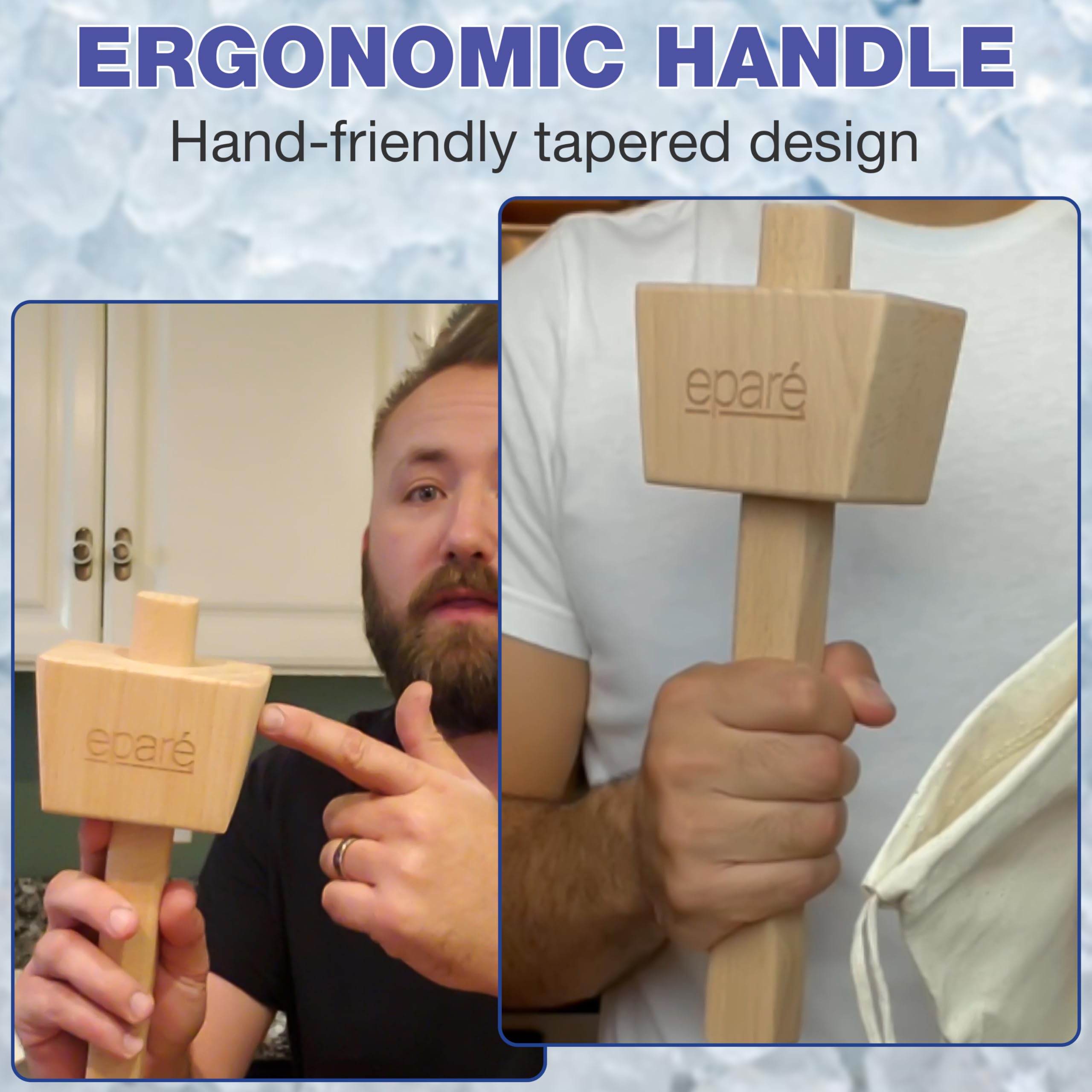 Eparé Lewis Bag & Ice Mallet - Manual Ice Crusher Wooden Hammer - Canvas Crushing Bag - Crushed Ice Bar Cocktails - Bartender & Kitchen Tools Kit