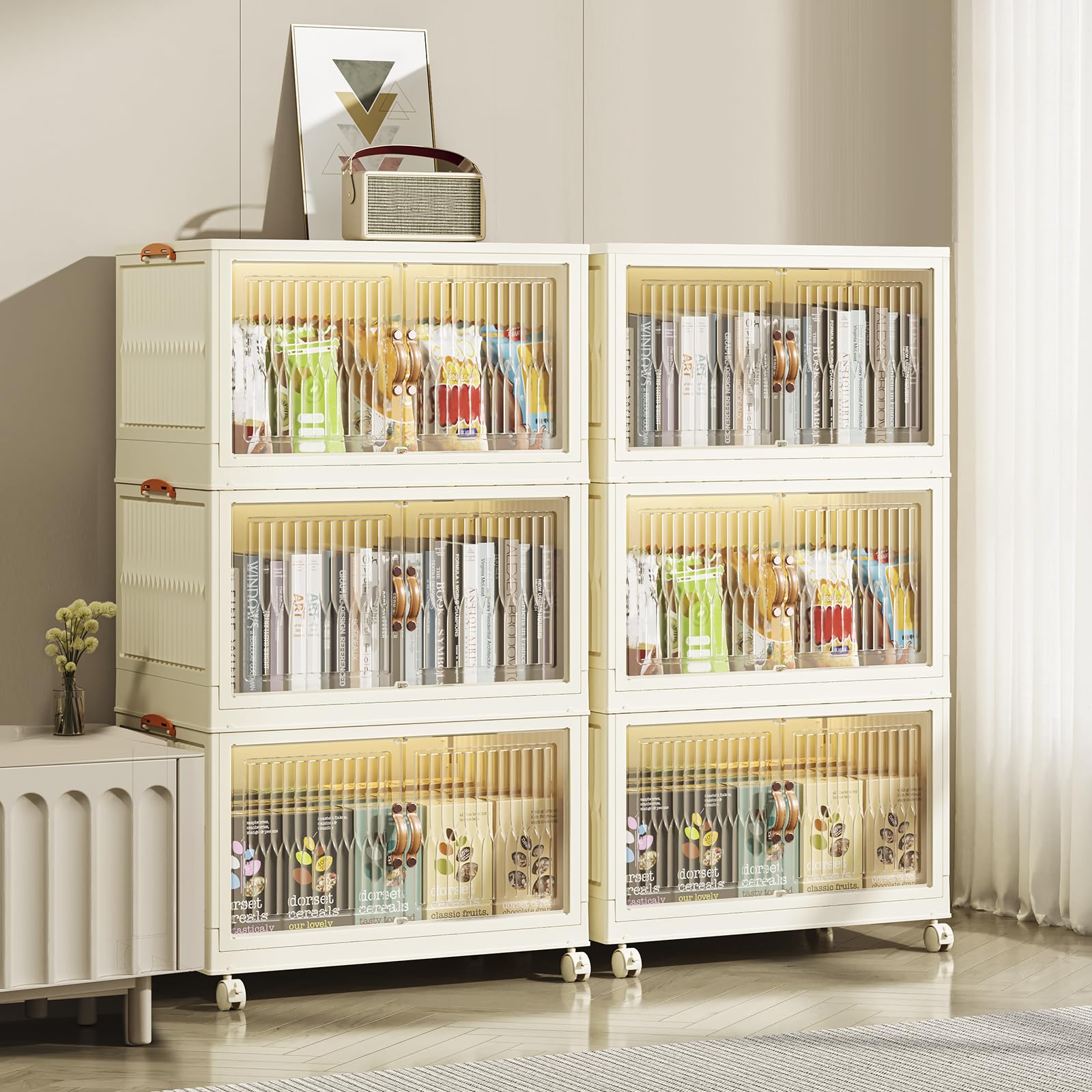 pupustar Storage Bins with Lids and Doors, Plastic Stackable Storage Bins Open Front, Foldable Storage Boxes for Organizing, Folding Storage Bins with Wheels, Opening Storage Boxes Set