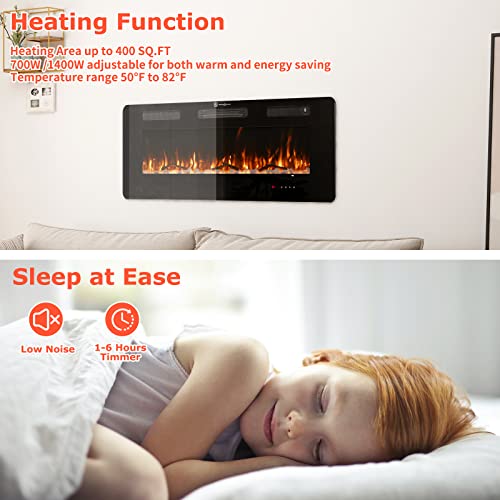 FODINGHILL 50" Insert Wall Mounted Electric Fireplace, Low-Noise Fireplace Heater Mantel Features a Touch Screen, Timer, Adjustable Flame Color, 700W / 1400W