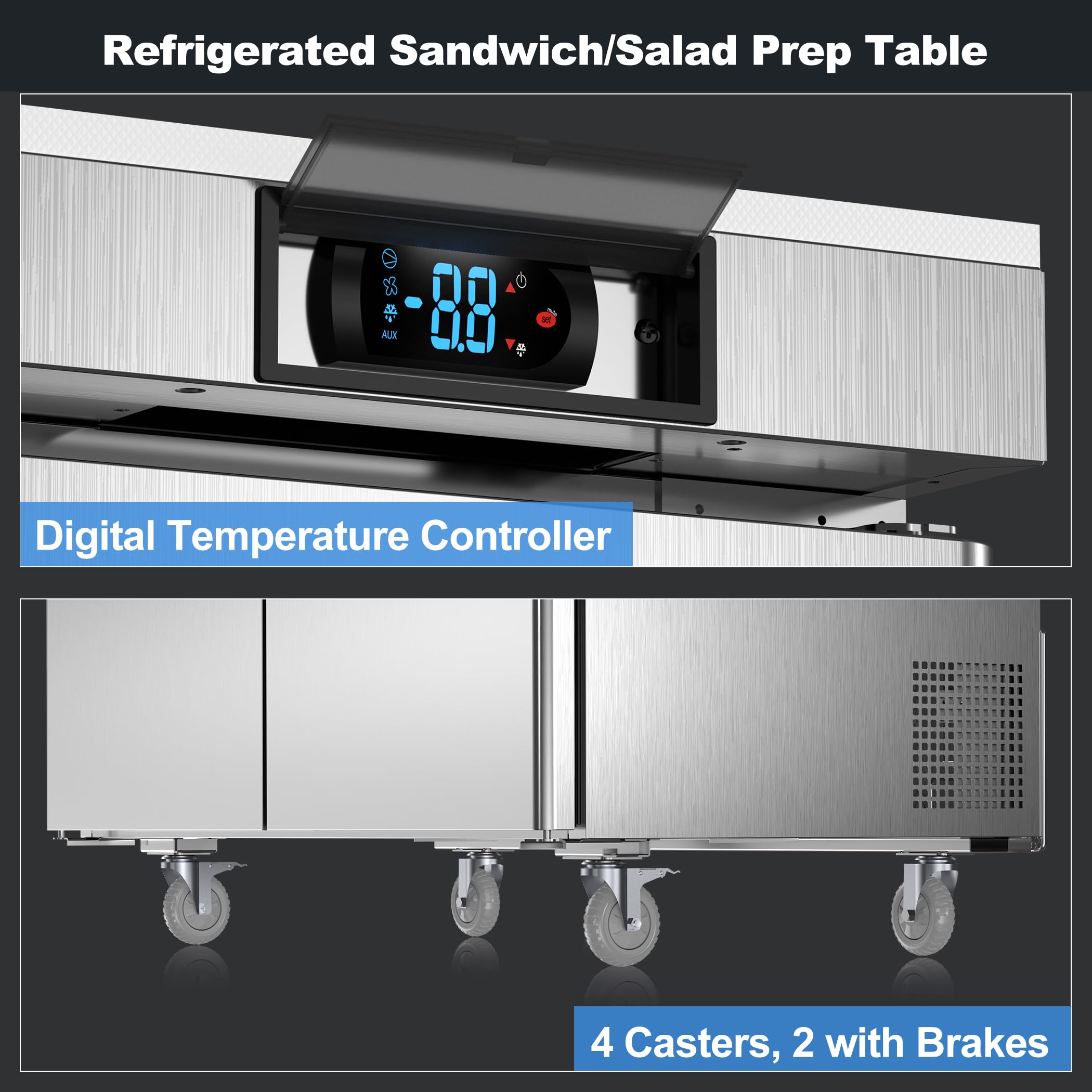 Coolski 60ββ W 2 Door Commercial Refrigerator, Refrigerated Sandwich Salad Prep Table with 16 Pans/Mega Top/Cutting Board, 18 Cu.Ft. Large Capacity Stainless Steel ETL NSF Approved