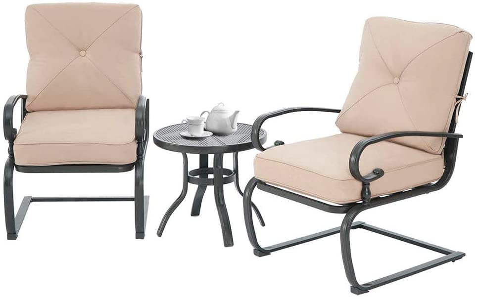 Incbruce Outdoor Furniture 3Pcs Patio Bistro Set, Springs Motion Chairs and Bistro Round Table Set, Metal Small Patio Conversation Set with Cushions (Brown)
