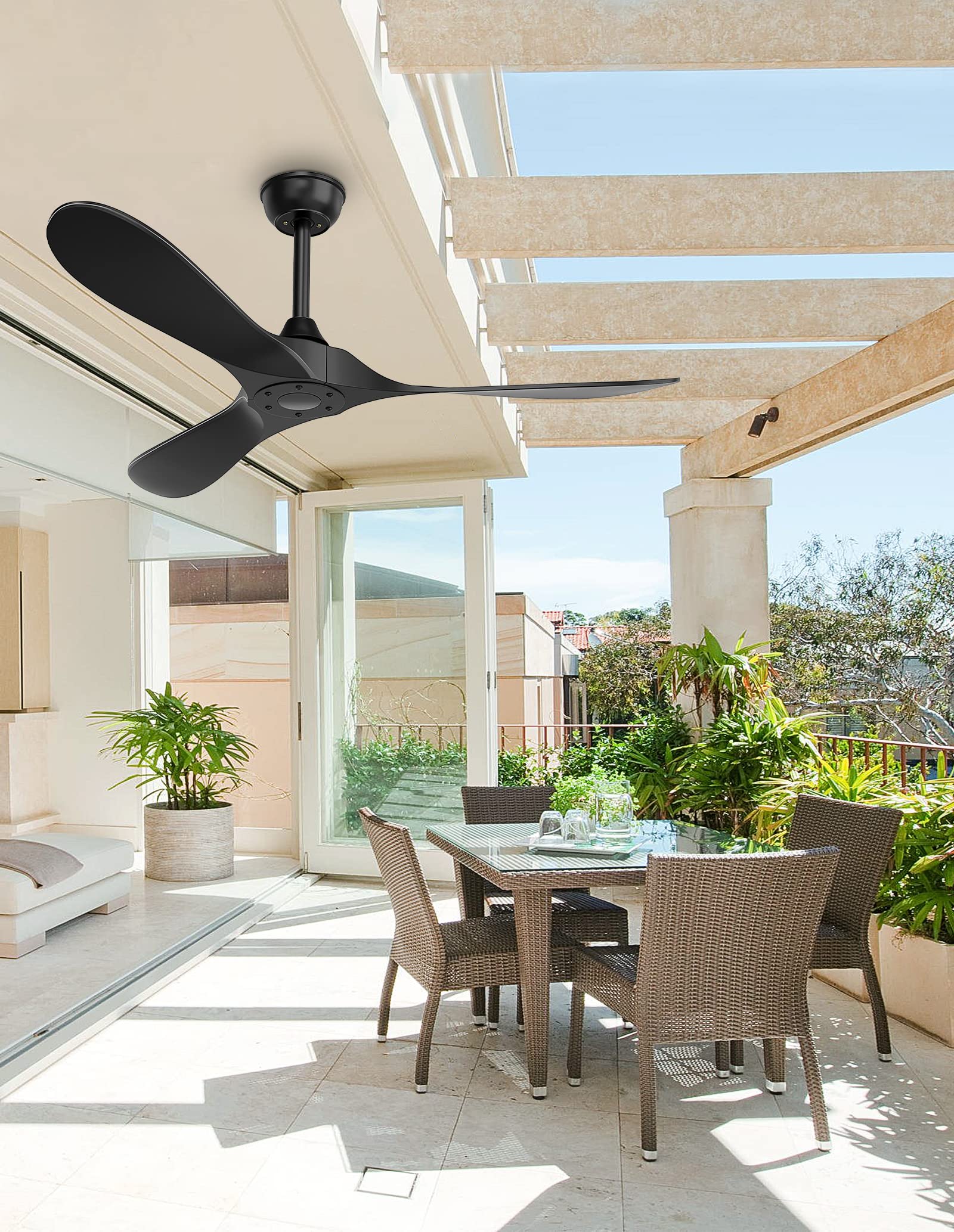BECLOG Ceiling Fan With Remote Control,Black Indoor & Outdoor Ceiling Fans with Noiseless DC Motor and 3 Downrods.52 inches Ceiling Fans No Lights Plastic Fan Blade
