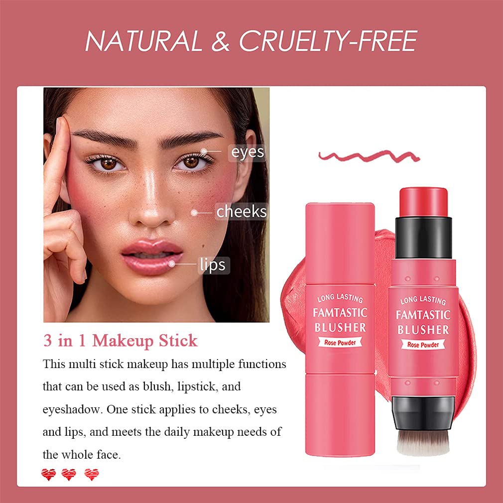 Cream Blush Stick double head Blush Sticks 2 in 1 Multi Stick Blush for Cream Blush for Cheeks, Pink Blush for Cheeks and Lip,Cheek Makeup Stick for All Ages and All Skin Tone.(2# Rose Pink)