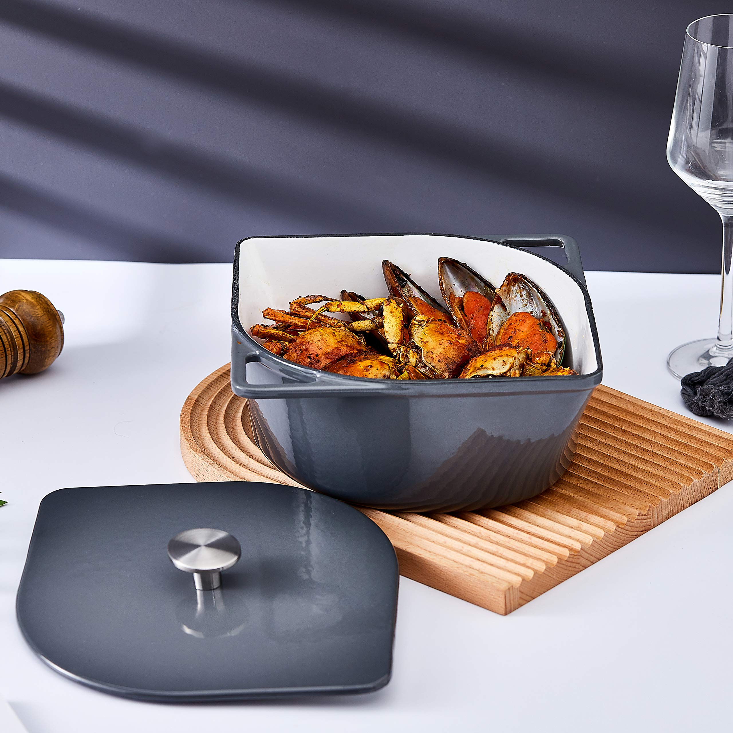 Bruntmor 3 Quart Cast Iron Enameled Dutch Oven Modern Squoval Shaped Design. Nonstick Seasoned Pot With Stainless Steel Knob for Dinner, Grey, Enamel Cast Iron.