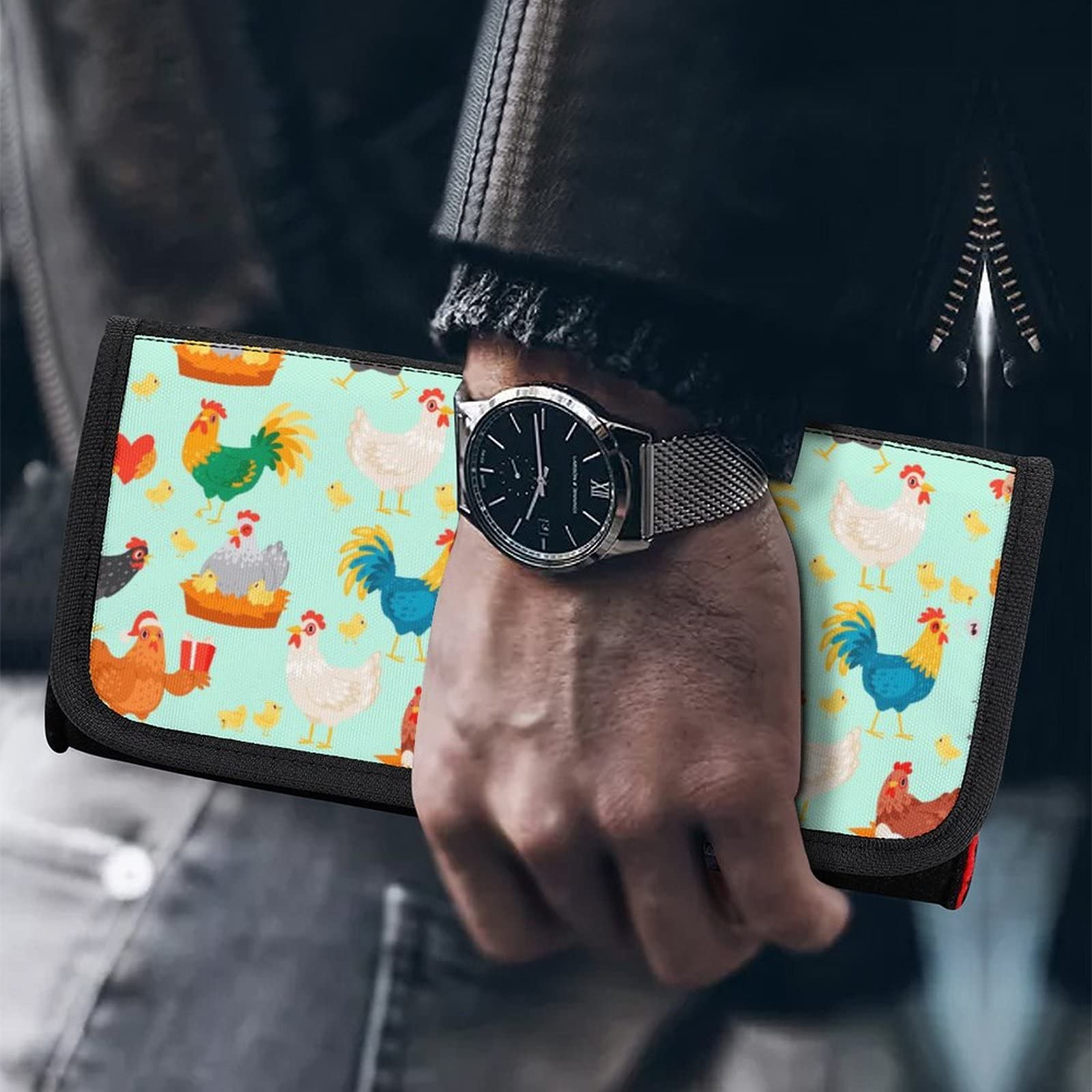 Chicken Characters in Different Poses Hen Carrying Bag Compatible with Switch Protective Case Slim Felt Pouch with 5 Game Cartridges Holders
