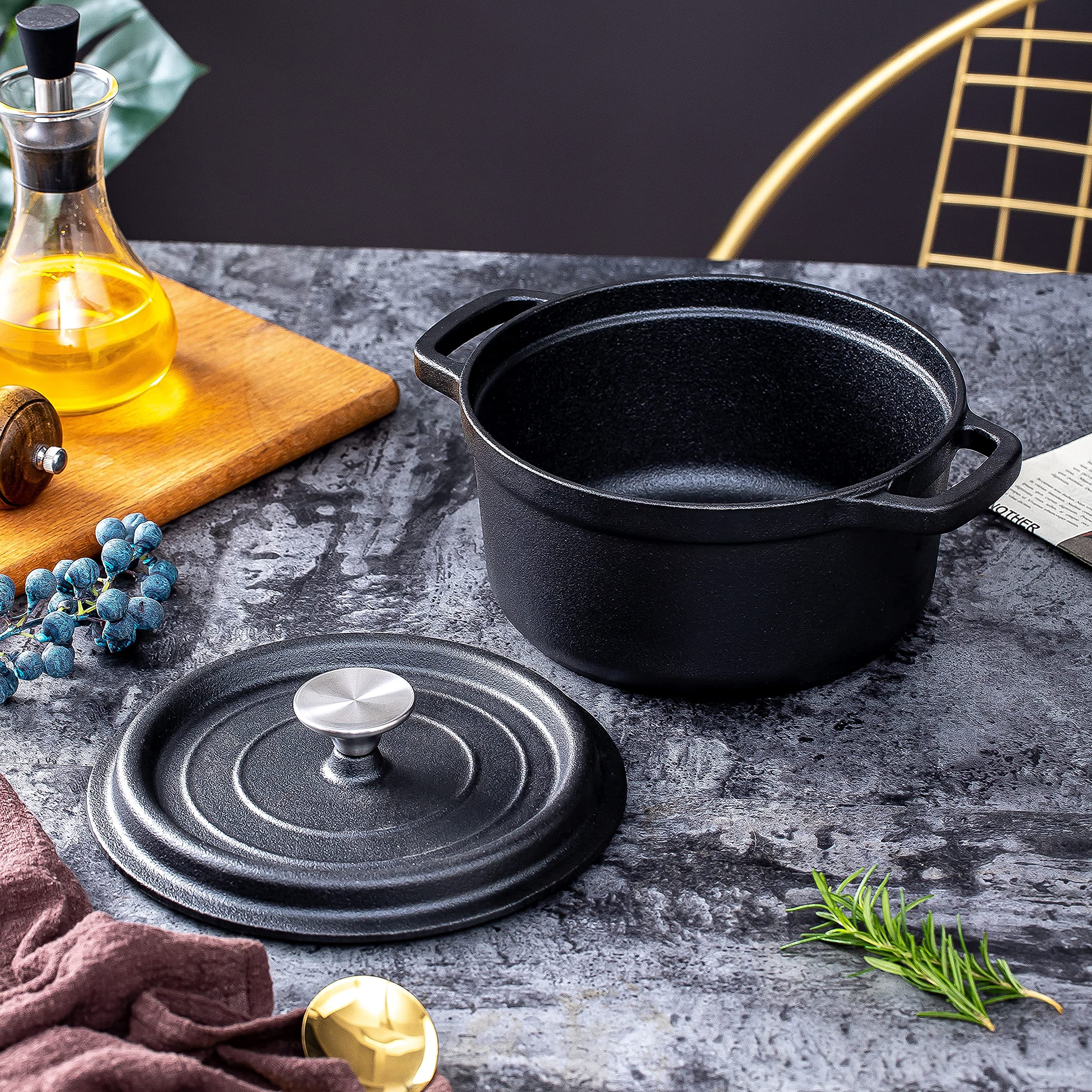 Bruntmor 4 Quart Pre-seasoned NonStick Cast Iron Dutch Oven With Handles, Lid And Silicone Accessories, 5.2 Qt Black Cast Iron Skillet with Loop handle, Cookware Braising Pan For Casserole