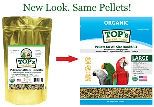 TOP's Parrot Food Pellets Hookbills, Small, Medium and Large Parrots - Non-GMO, Peanut Soy & Corn Free, USDA Organic Certified - 4 lb / 1.81 kg