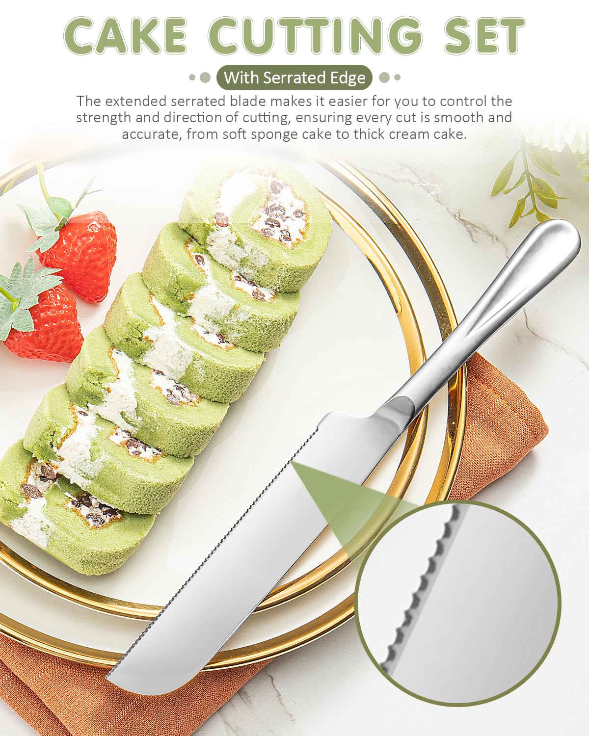 FTAKRY 2-Piece Premium Cake Cutting Set, Exquisite Knife and Server with Serrated Design, Includes Cake Knife and Pie Spatula for Pastry, Pizza and Desserts (Silver)