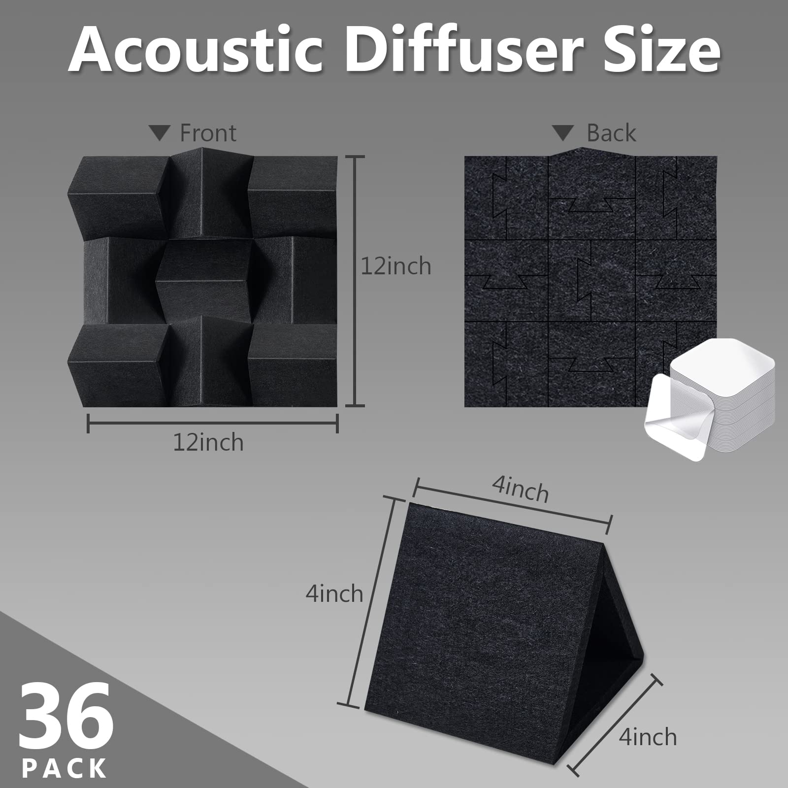 BUBOS Acoustic Panels,DIY Acoustic Diffuser Sound diffuser Panels Full frequency sound absorption(24 x 24Inch),better Acoustic Treatment for Recording Studio, Office, Home Studio(Black)